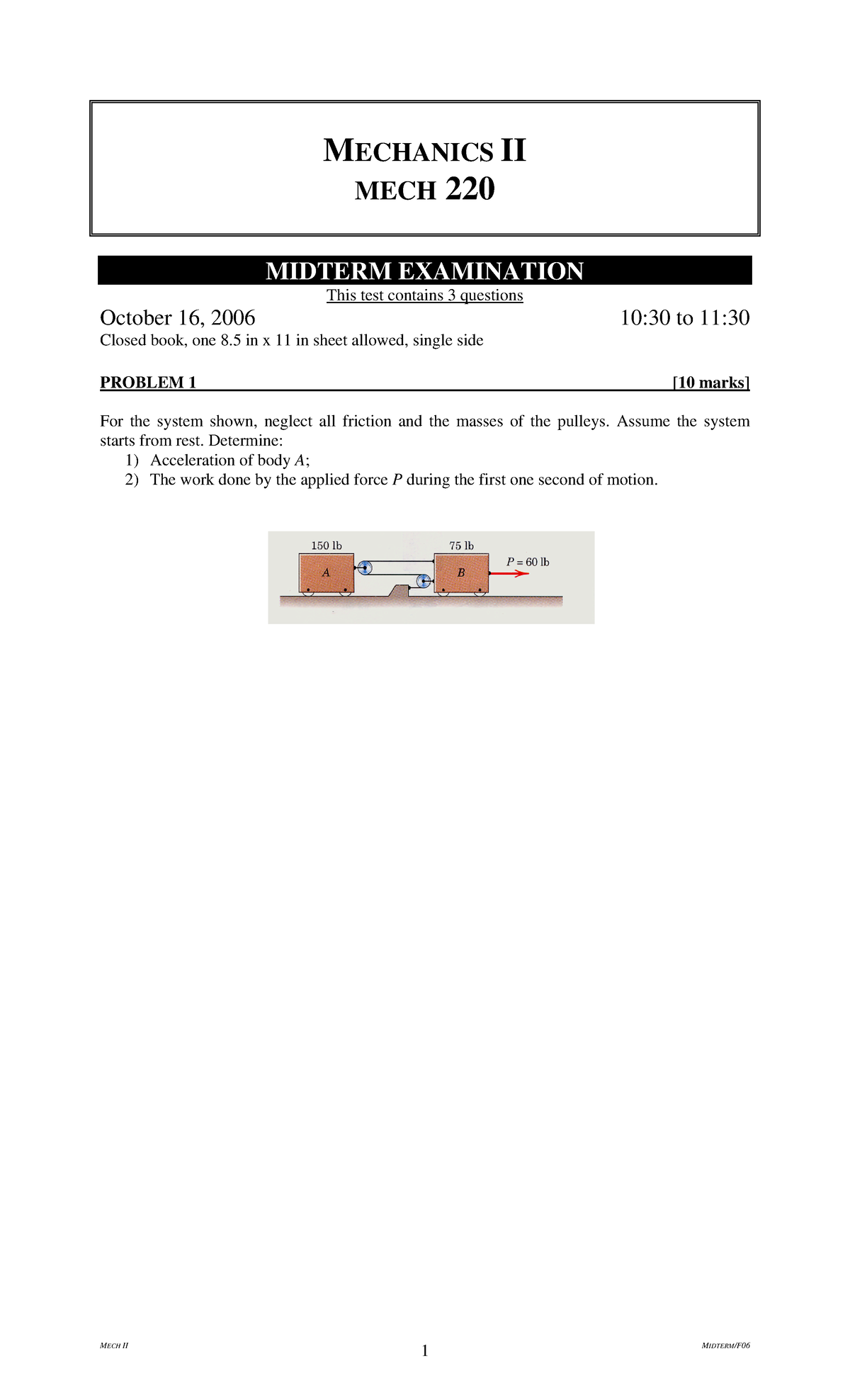 Exam 16 October 2006, Questions - Mech 220 - Mechanics 2 - McGill - StuDocu