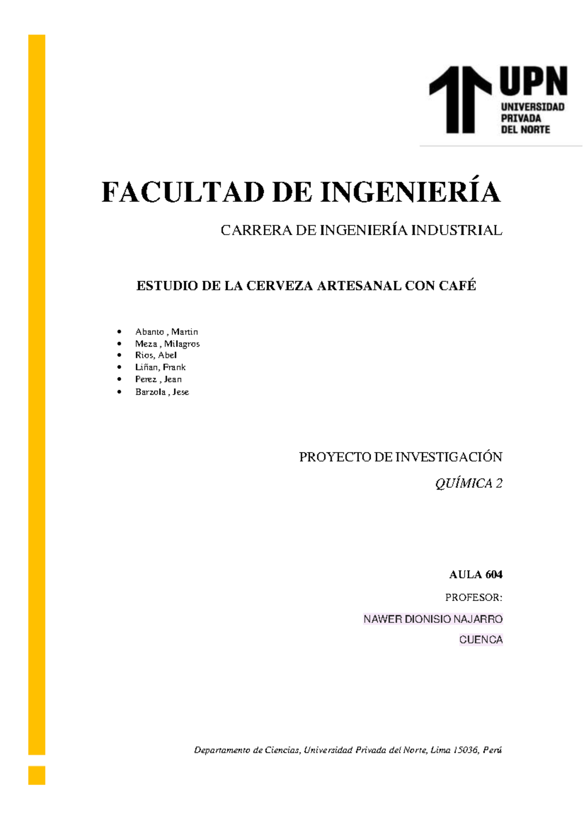 Proyecto de investigación UPN-v1 - Segundo avance Grupo 05 - FACULTAD DE INGENIERÍA CARRERA DE ...