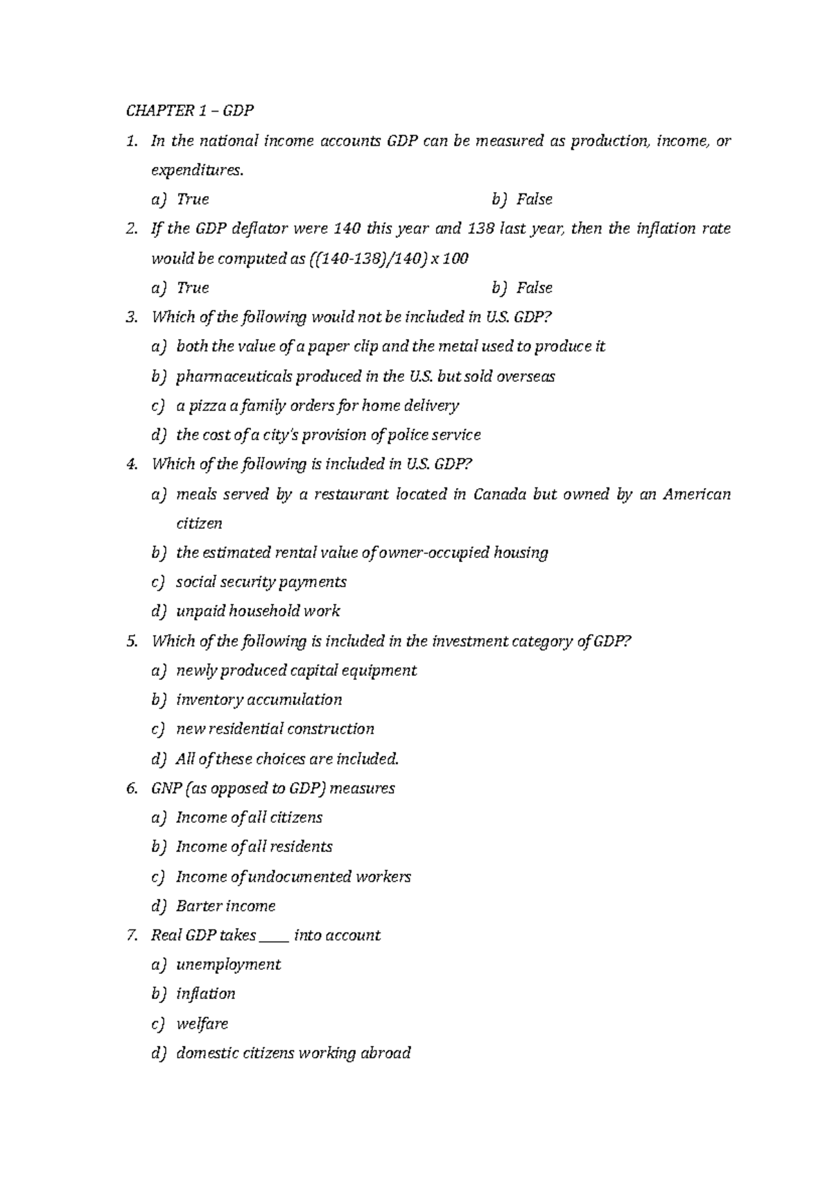Chapter 1 multiple choice - GDP - CHAPTER 1 – GDP In the national ...