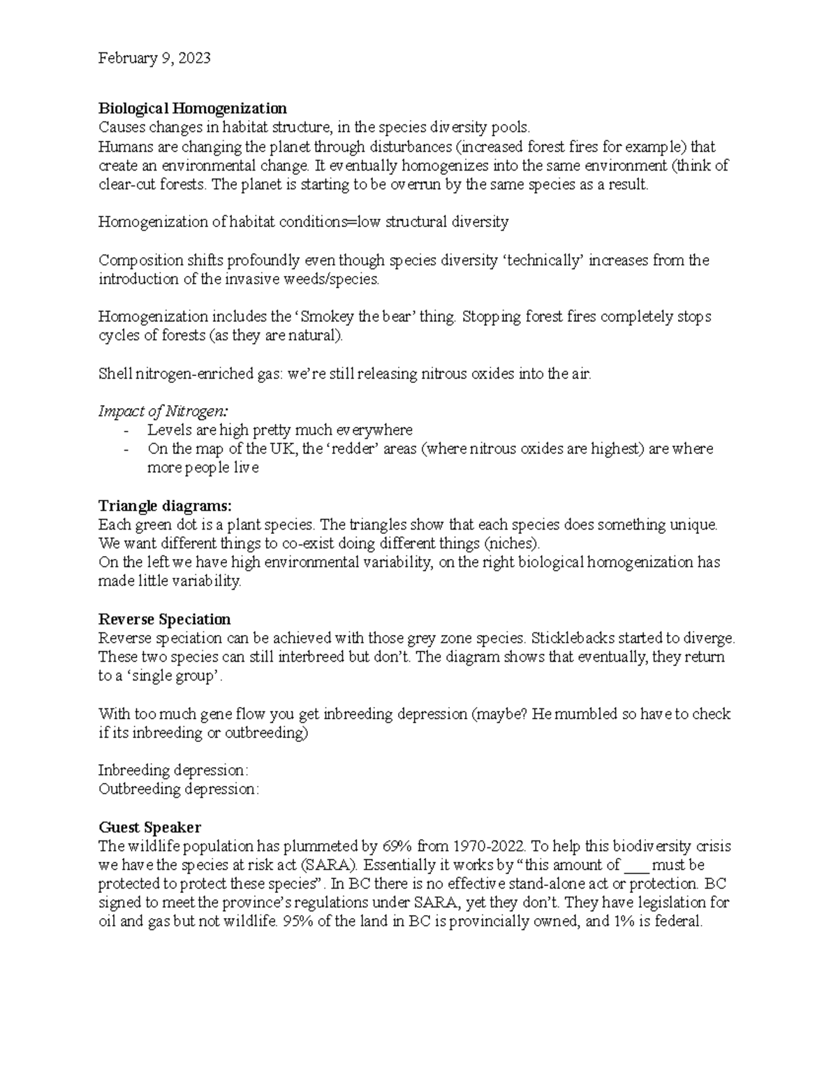 Conservation Bio Lecture 8 - February 9, 2023 Biological Homogenization ...