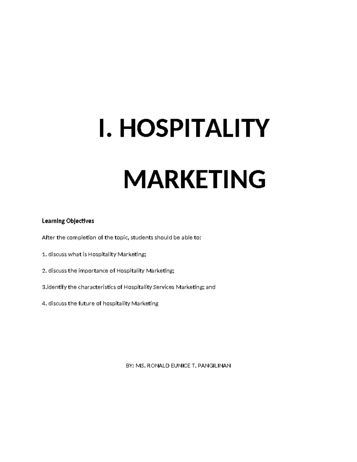 Module-3 - Module - I. HOSPITALITY MARKETING Learning Objectives After ...