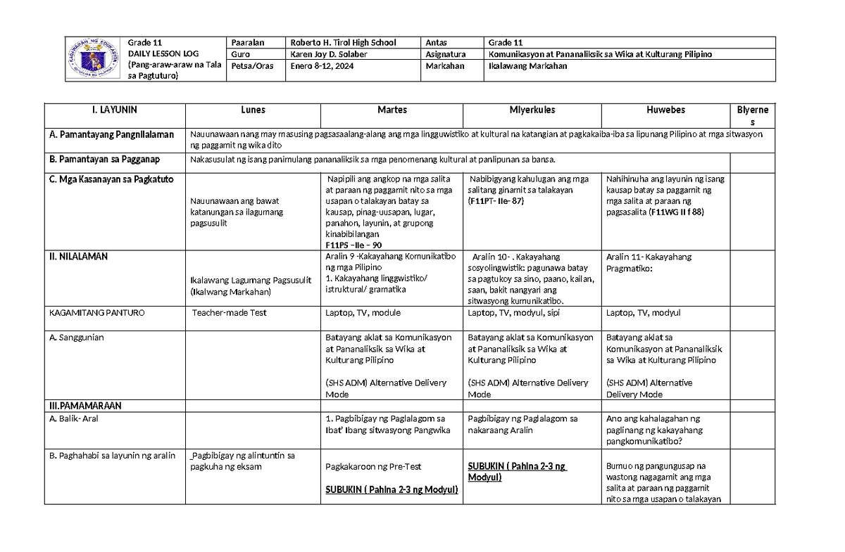 Kpwkp 3rd quarter - Grade 11 DAILY LESSON LOG (Pang-araw-araw na Tala ...