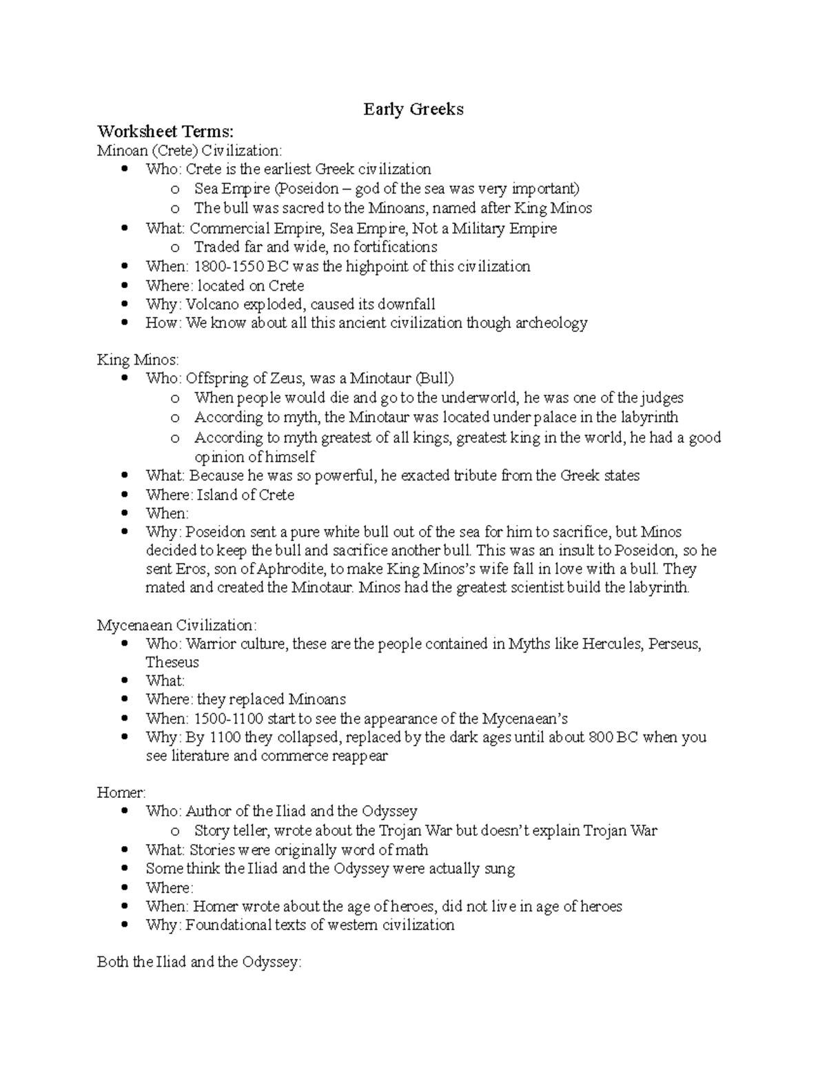 Early Greeks Worksheet Terms - Early Greeks Worksheet Terms: Minoan ...