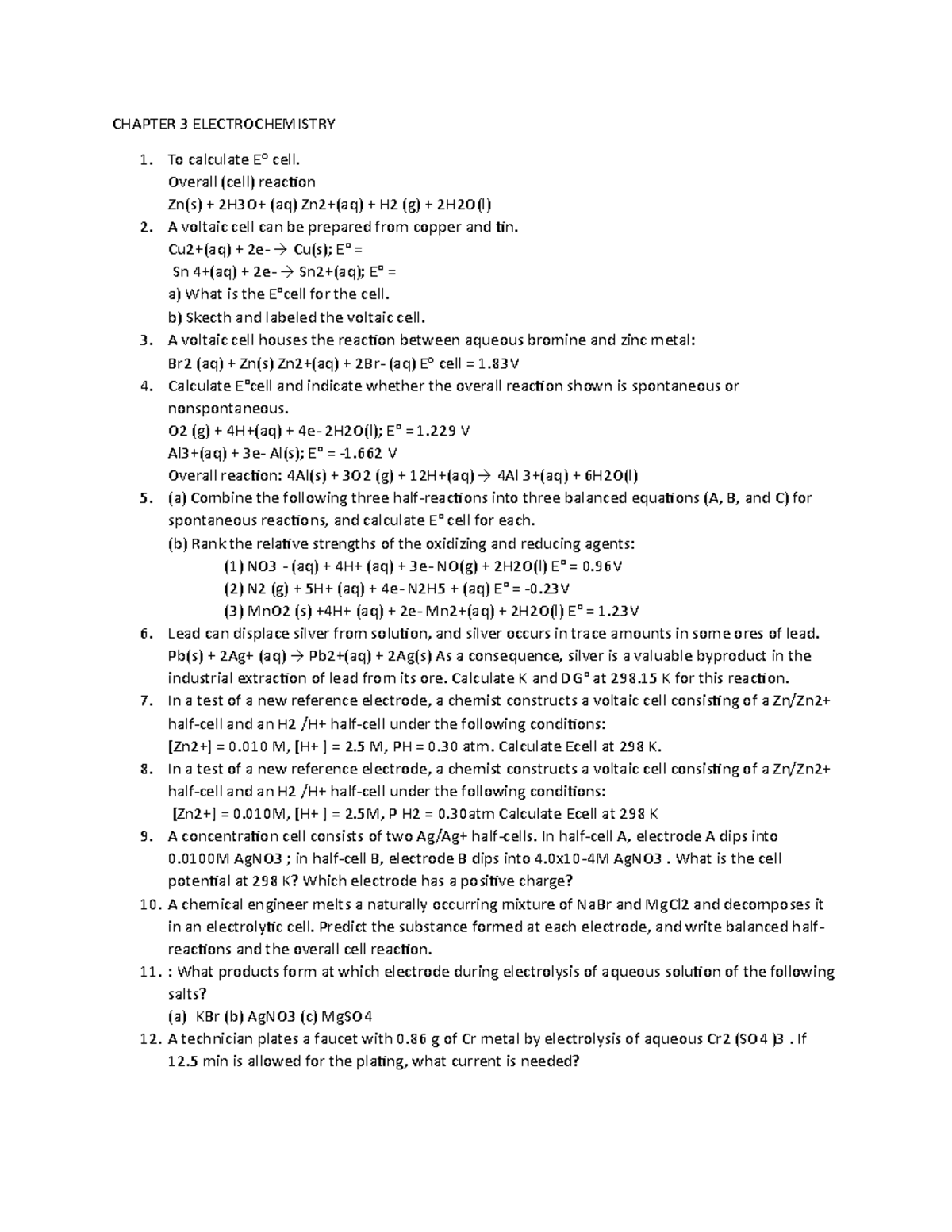 Chapter 3 Electrochemistry - CHAPTER 3 ELECTROCHEMISTRY To calculate E ...