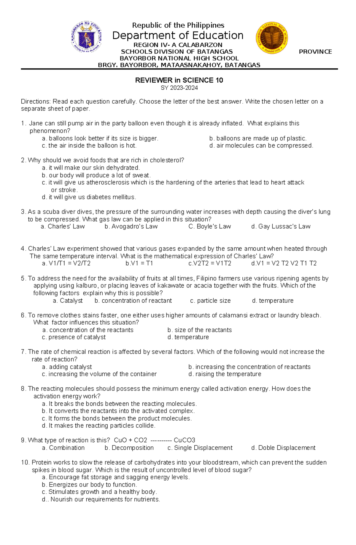 Reviewer Science 10 SY 2023 2024 - Republic of the Philippines ...
