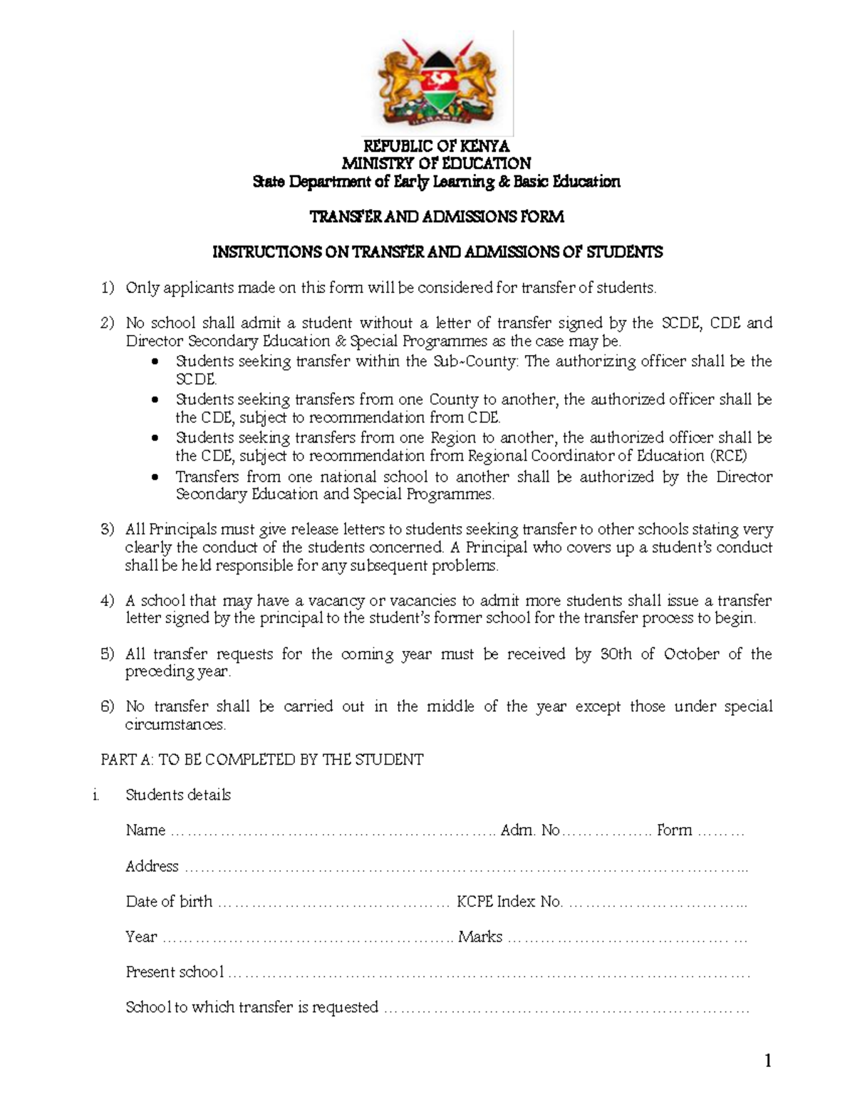 Transfers AND Admissions OF Students FORM 1 - REPUBLIC OF KENYA ...