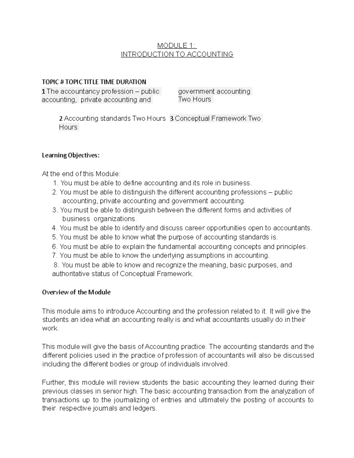 BSA-1A Module 1- Introduction to Accounting - MODULE 1: INTRODUCTION TO ...