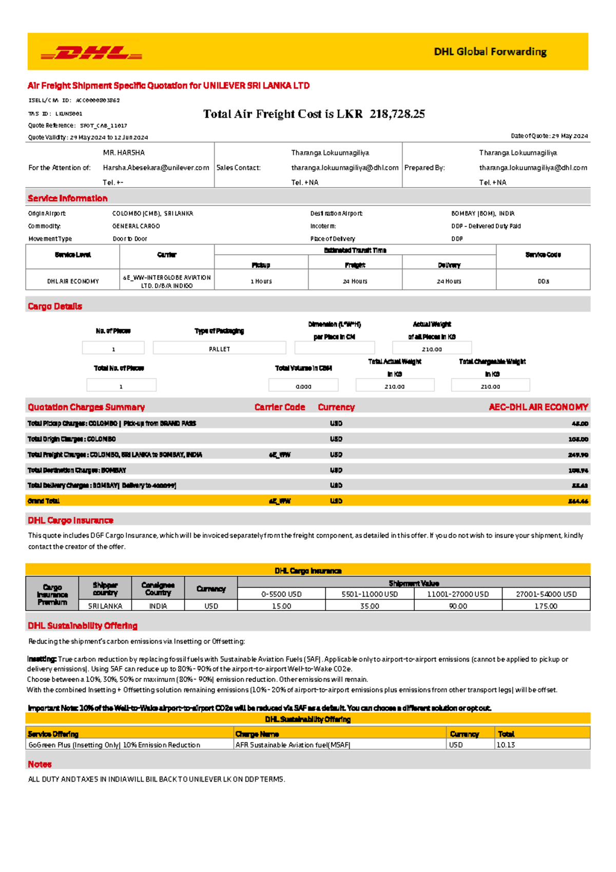 Quotation for PO - Thushari - 04 - Air Freight Shipment Specific ...