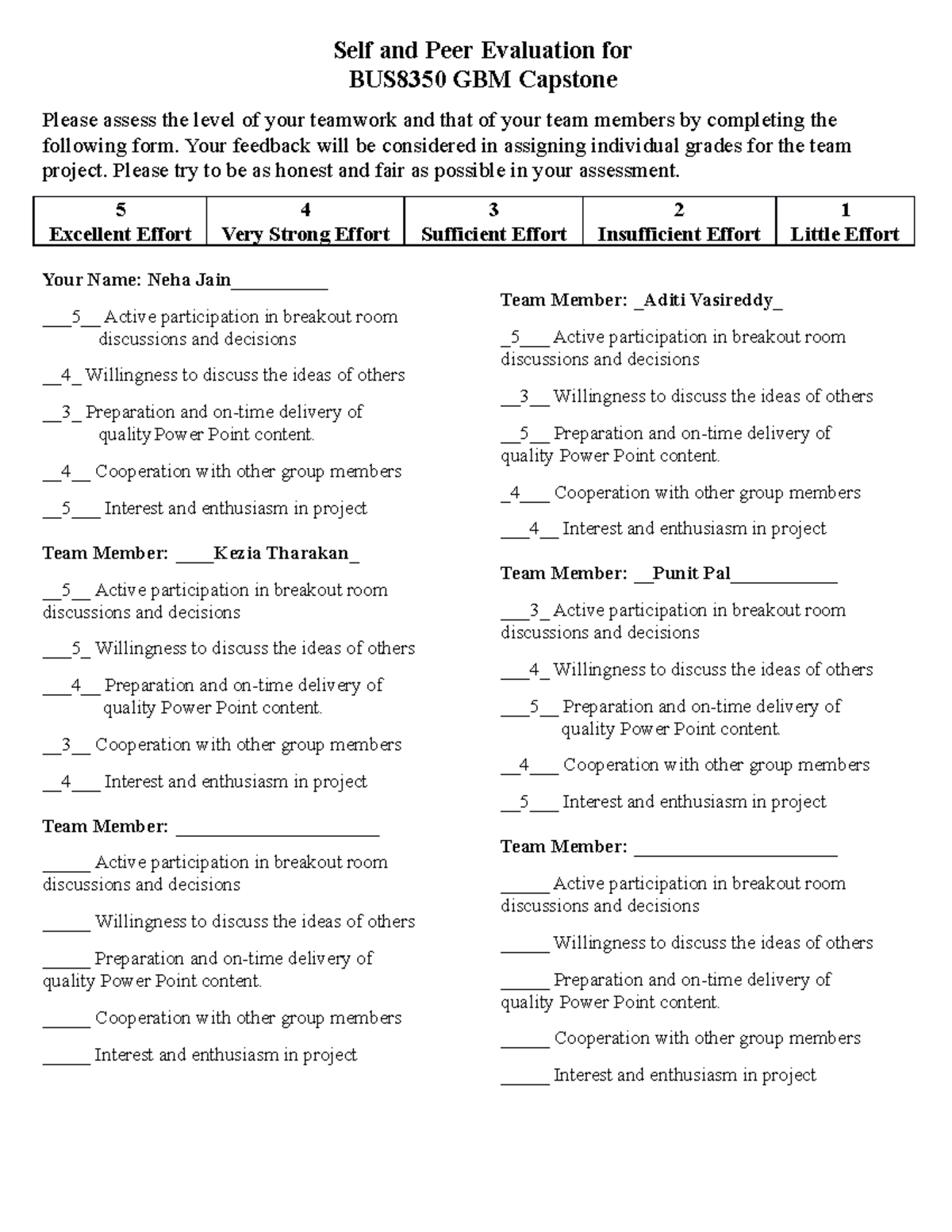Self and Peer Evaluation (3) (1) - Self and Peer Evaluation for BUS8350 ...