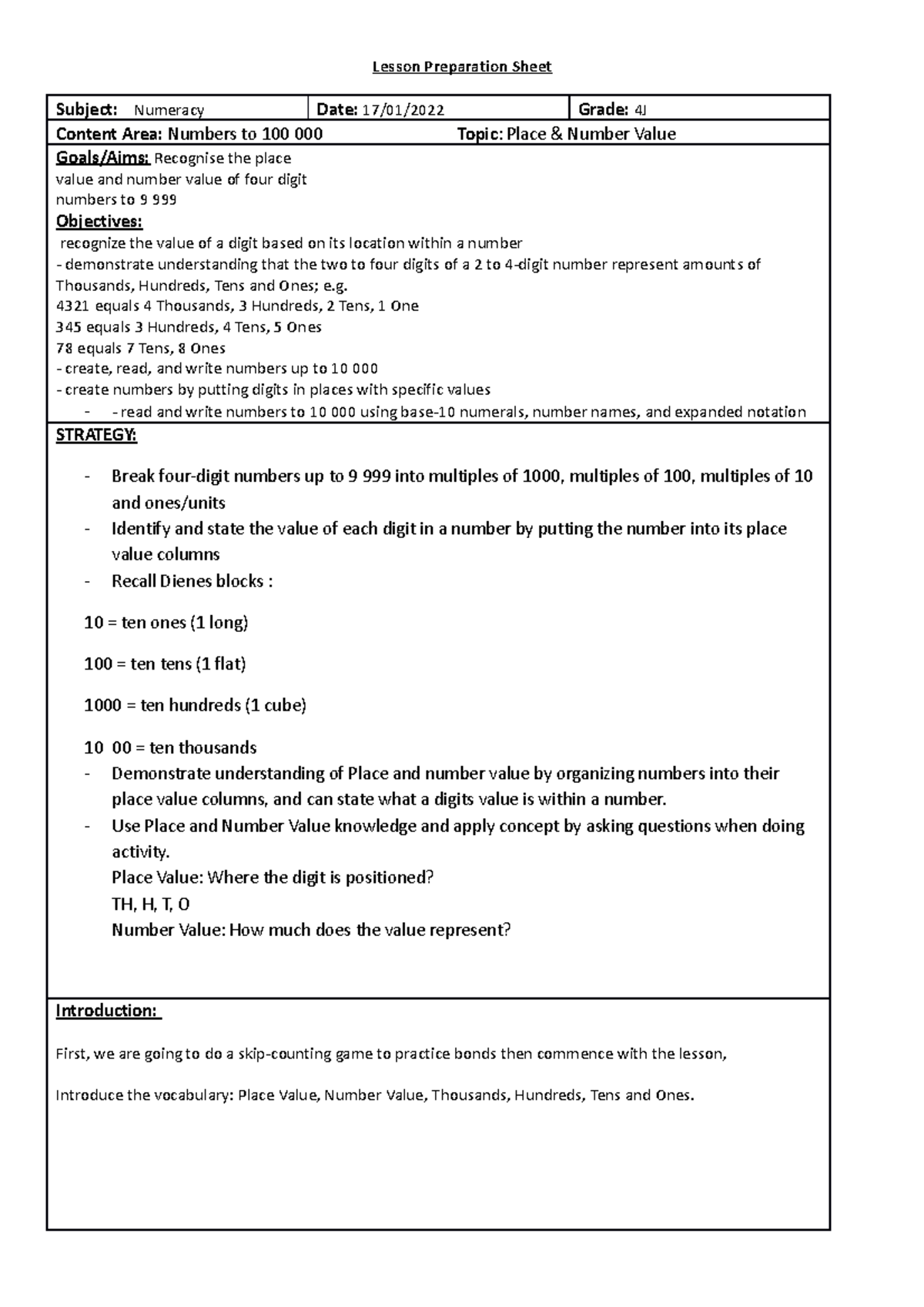 Intro to Place Value - Lesson Plan - Lesson Preparation Sheet Subject ...
