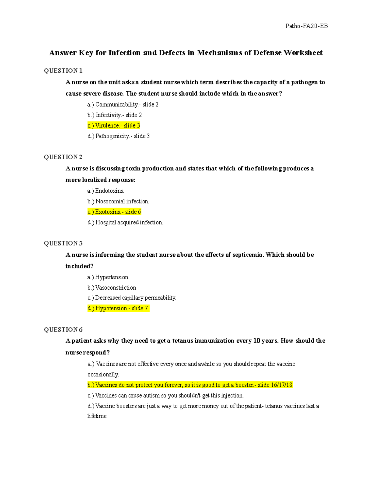 Infection and Defects Key - Answer Key for Infection and Defects in ...