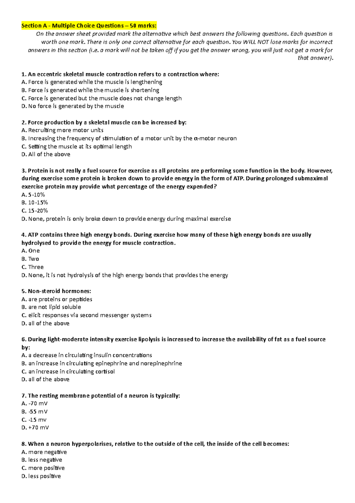 Physiology Practice Exam - Section A - Multiple Choice Questions – 50 ...