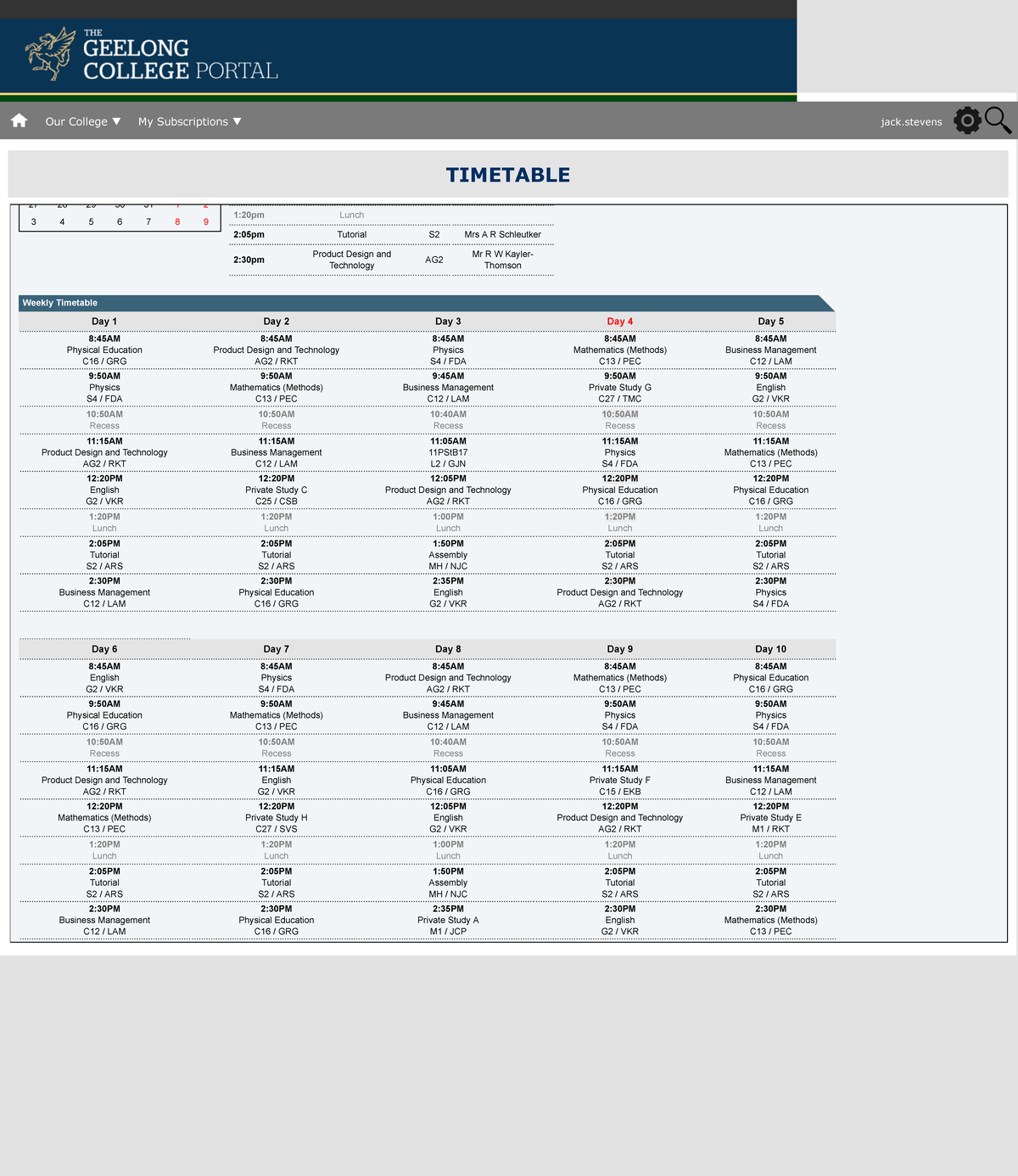 Timetable - GNet - Our College My Subscriptions jack TIMETABLE Weekly ...