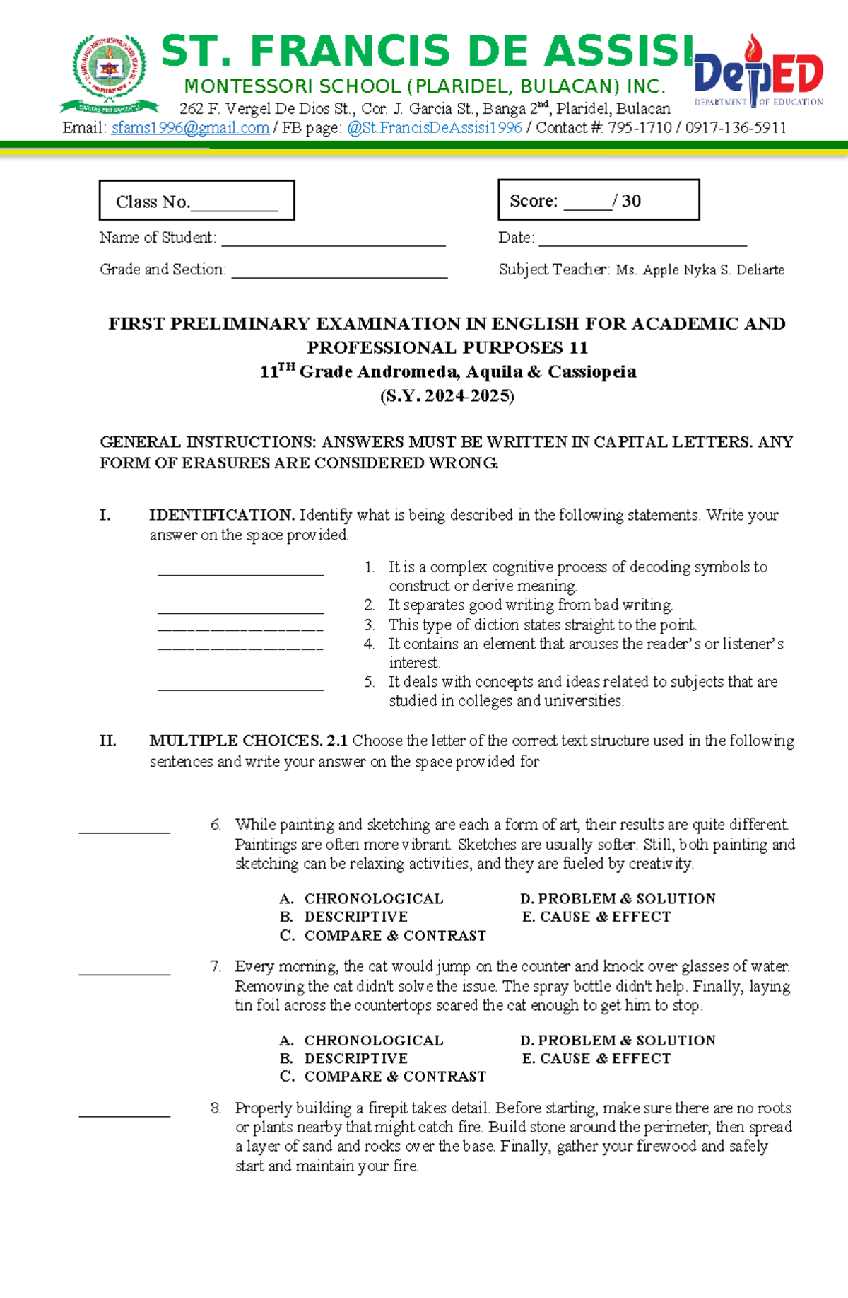 EAPP Prelims 1st Sem revised - 1. Name of Student: ___________________________ Date: - Studocu