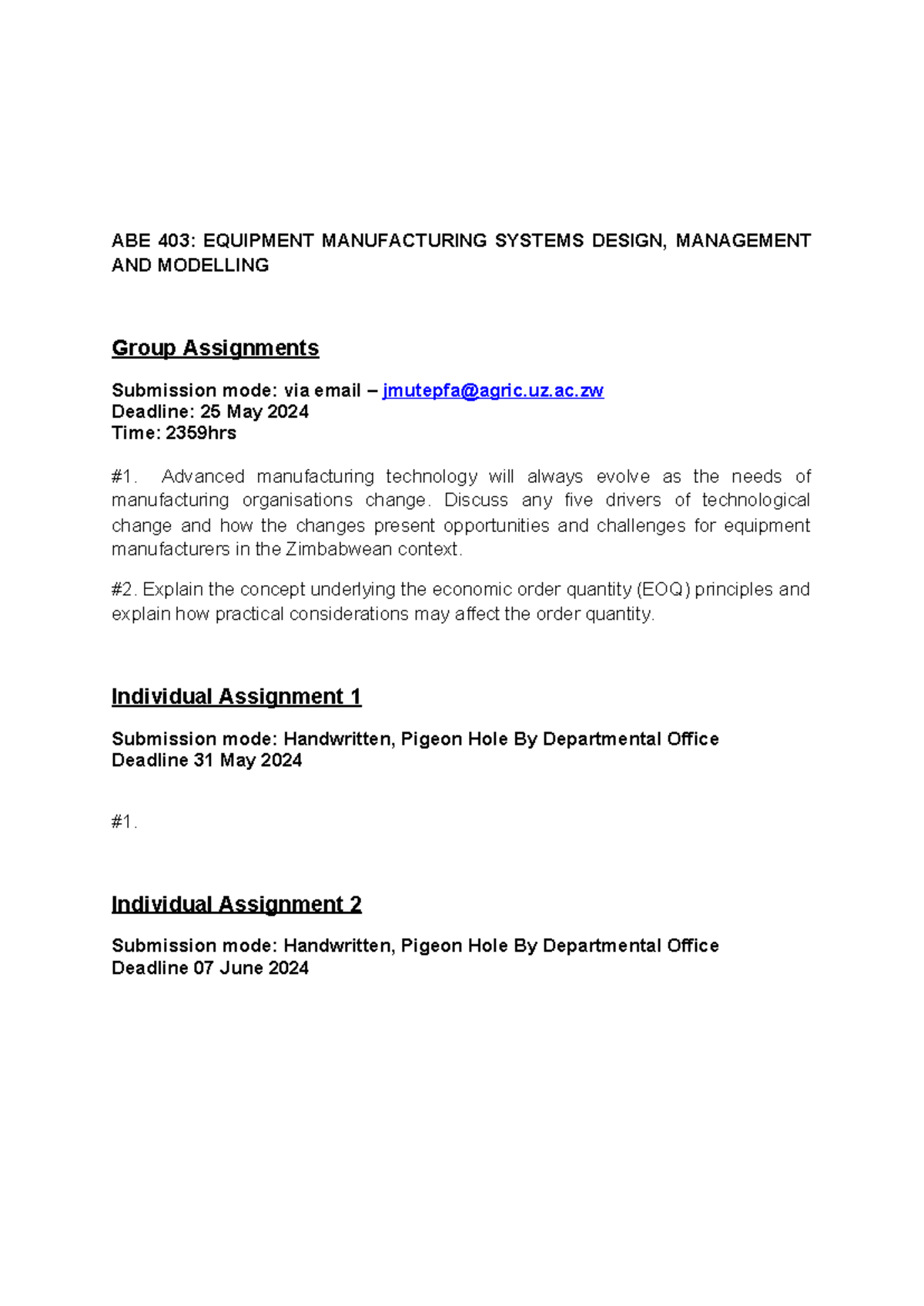 ABE 403 Assignments - Good assessment - ABE 403: EQUIPMENT ...