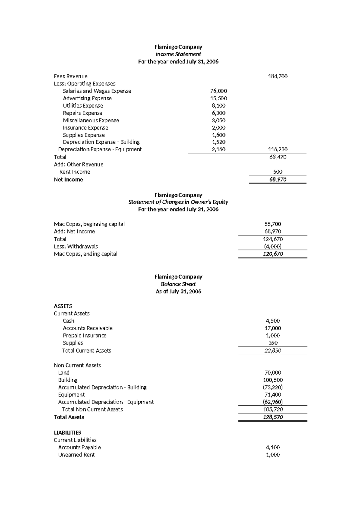 Flamingo Company - accounting cycle - Flamingo Company Income Statement ...