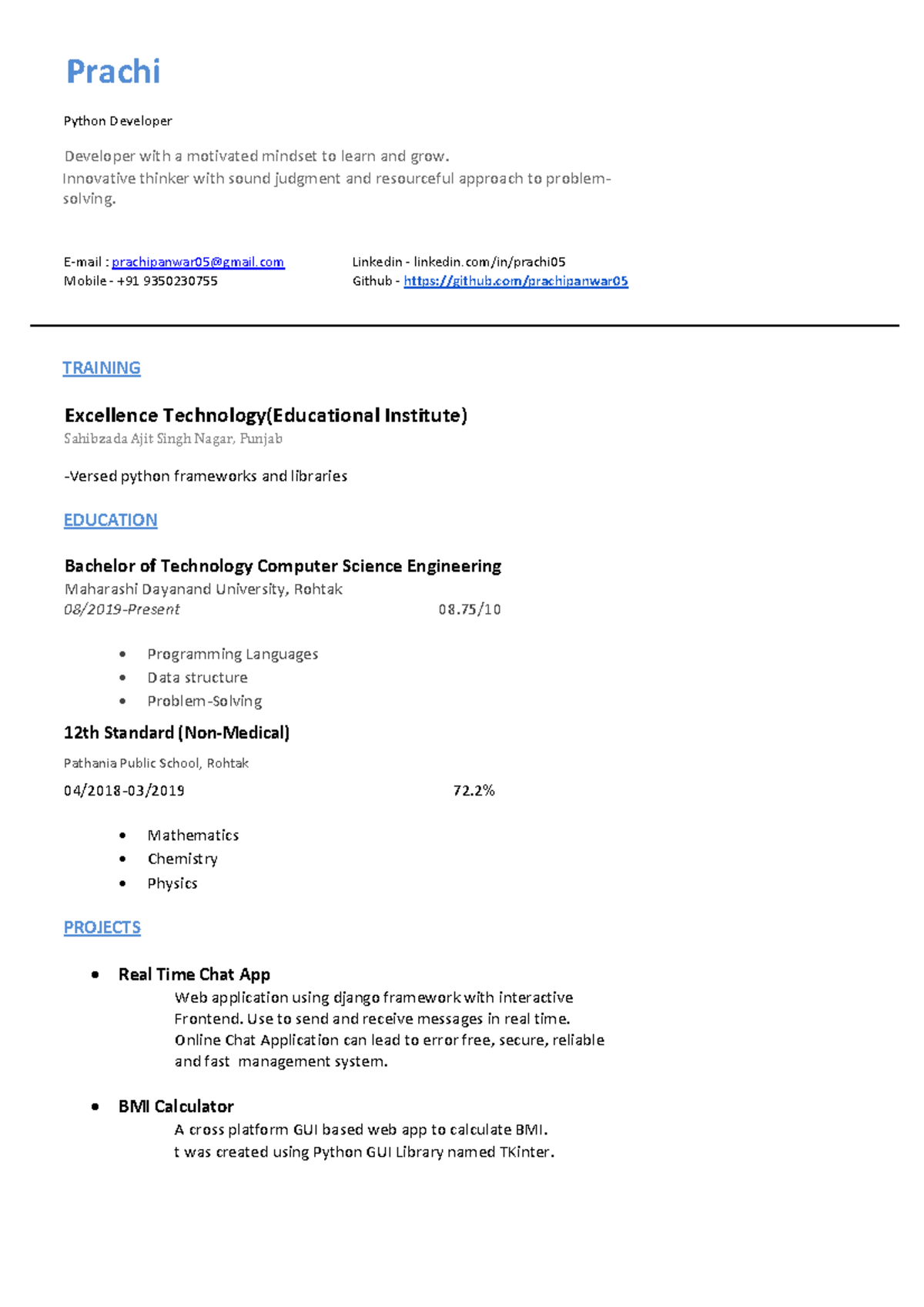 Prachi - It is my resume - Prachi Python Developer Developer with a motivated mindset to learn ...