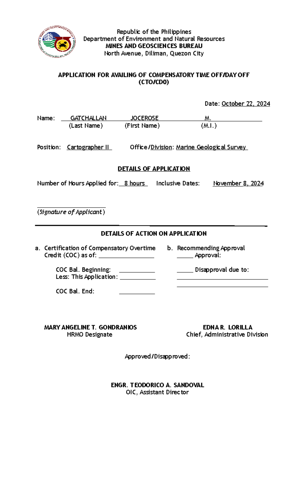 Compensatory time off form - Republic of the Philippines Department of ...