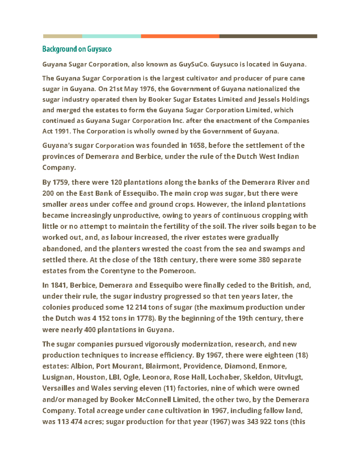 Project proposal - xxxxxxxxx - Background on Guysuco Guyana Sugar ...