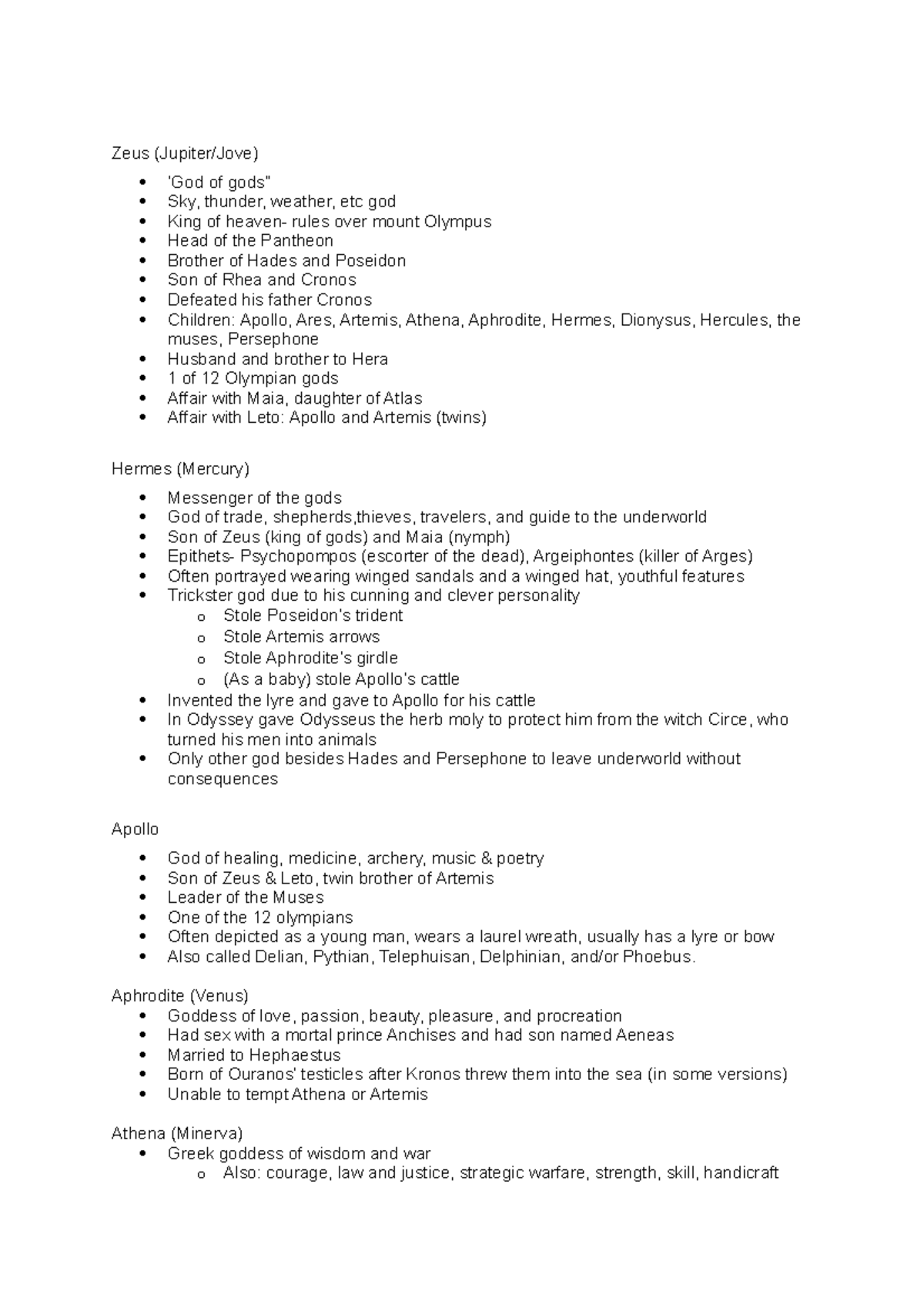 Myth guide - the major Greek Gods - Zeus (Jupiter/Jove) ‘God of gods ...