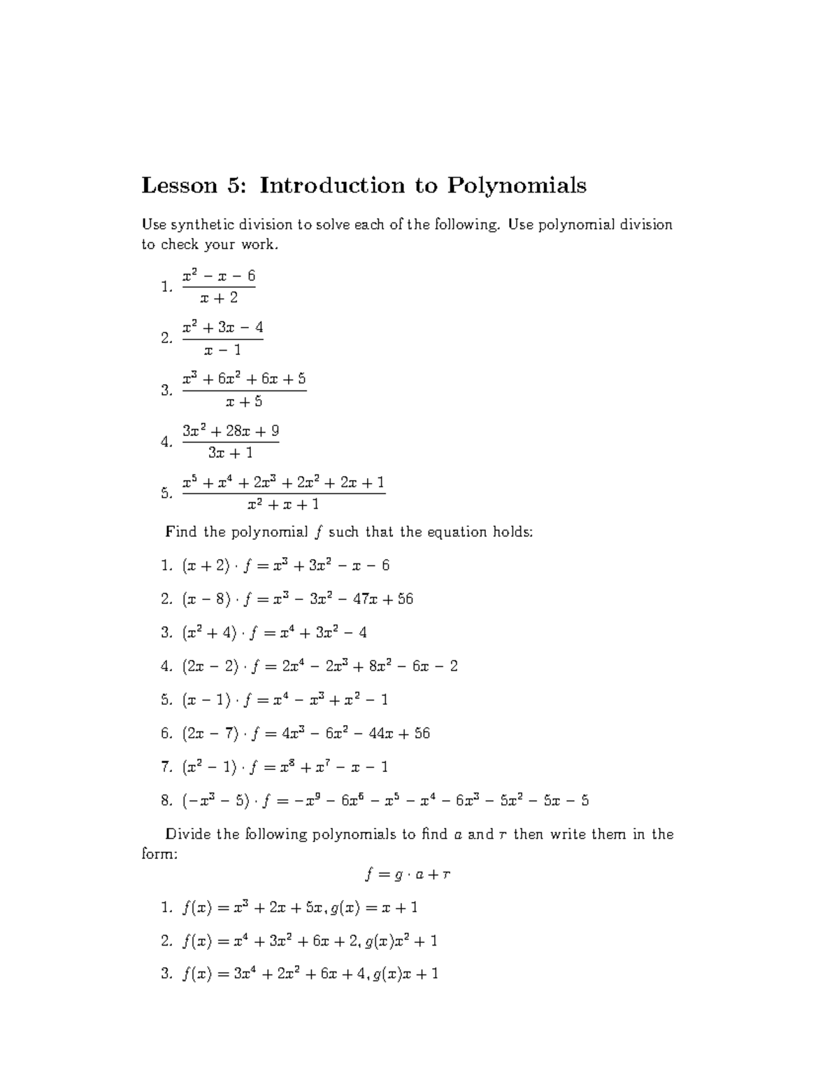 05-Polynomials- assignment FALL TERM 2018 - Lesson 5: Introduction to ...