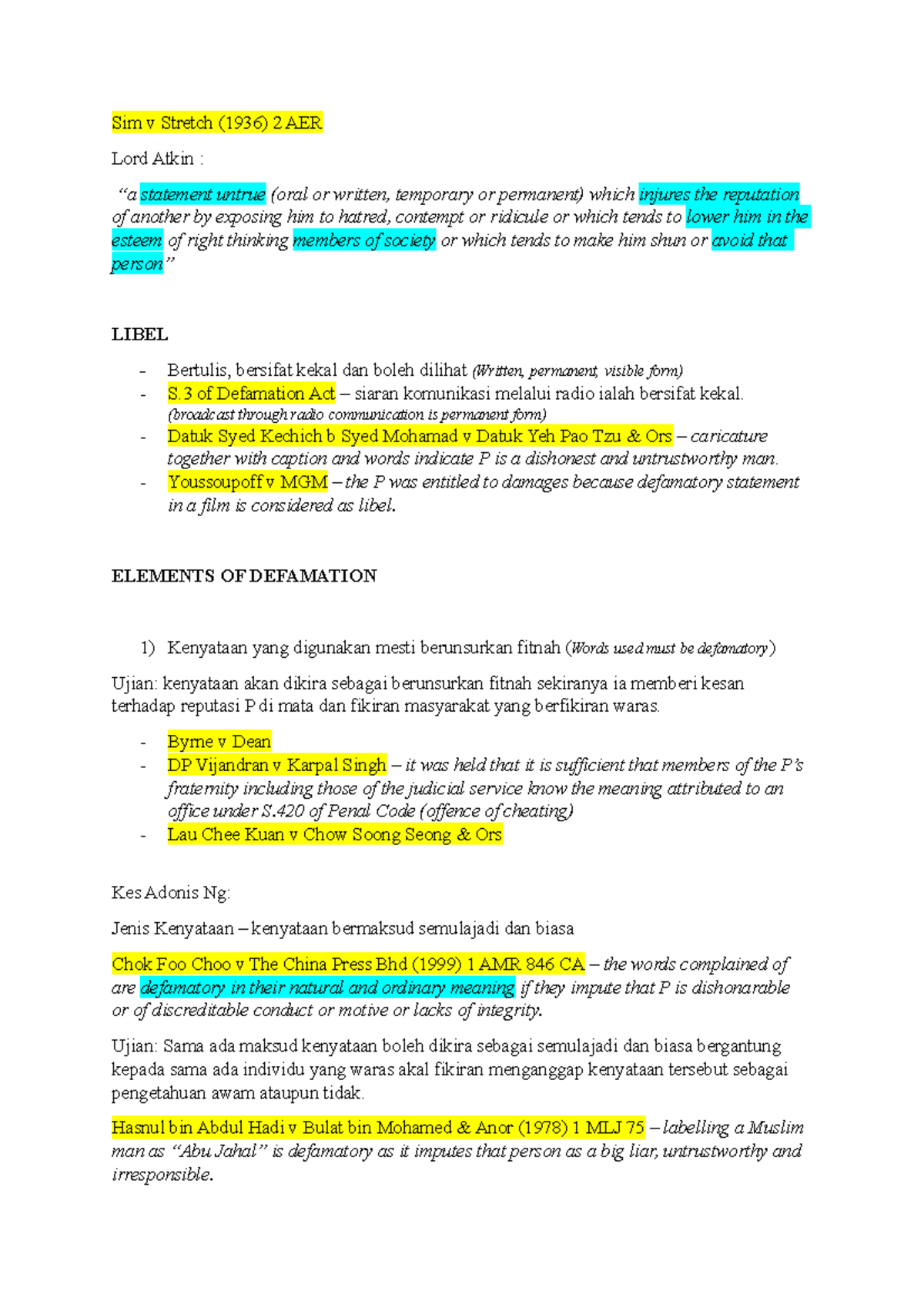Defamation - Outline including cases for mooting in Bahasa Melayu - Sim ...