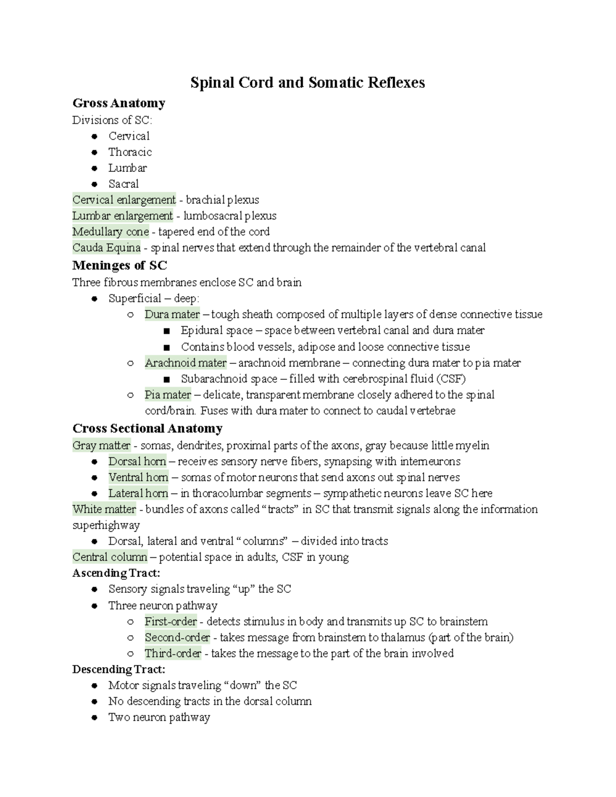 ANSC 512 Notes - Spinal Cord and Somatic Reflexes Gross Anatomy ...