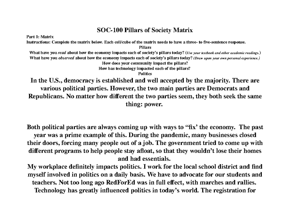 SOC100T7Pillarsof Society Matrix - SOC-100 Pillars of Society Matrix ...