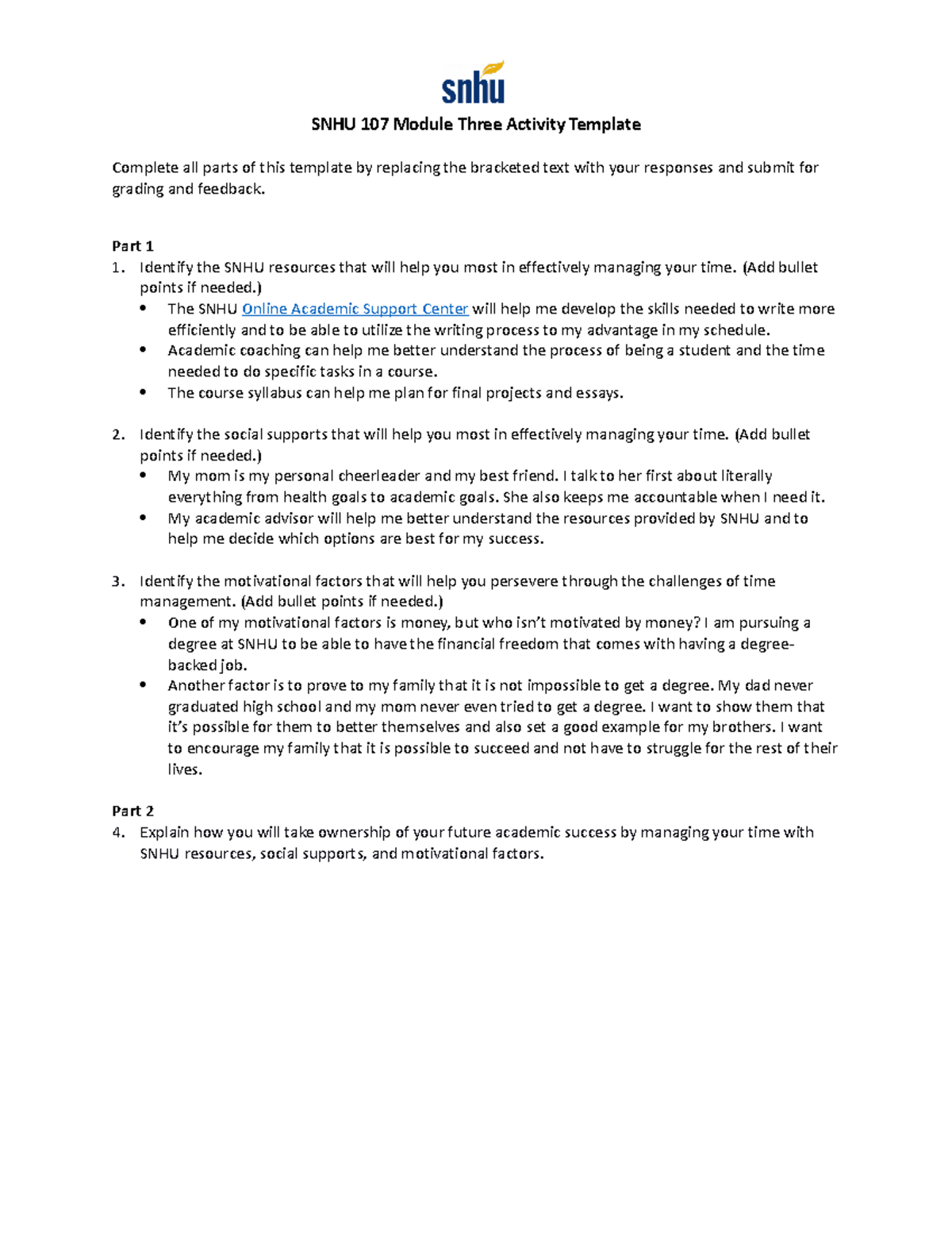 SNHU 107 Module Three Activity - Part 1 Identify the SNHU resources ...