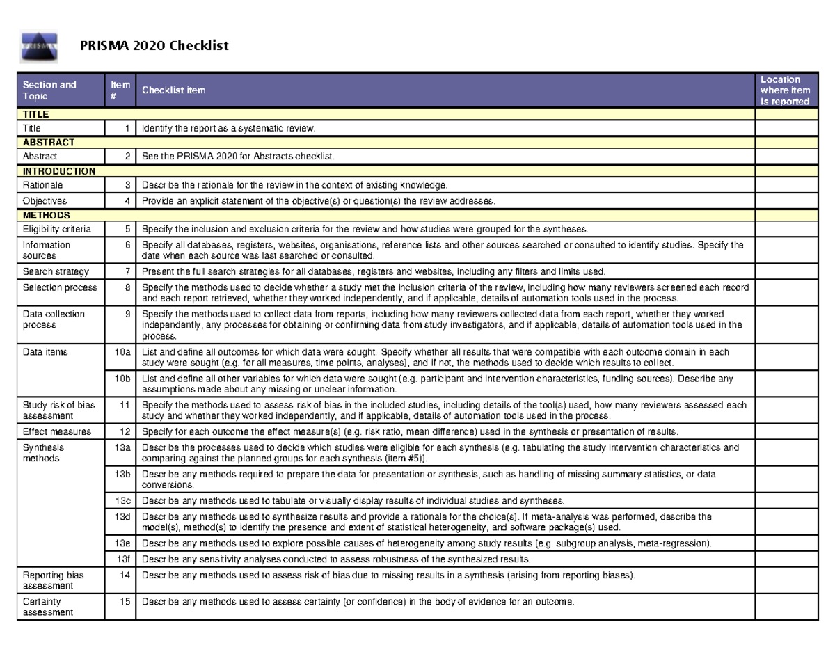 Prisma 2020 checklist - asd - PRISMA 2020 Checklist Section and Topic ...
