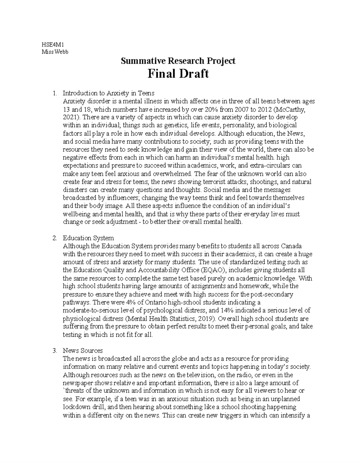 Example- Final Draft of Research Paper - HSE4M1 Miss Webb Summative ...