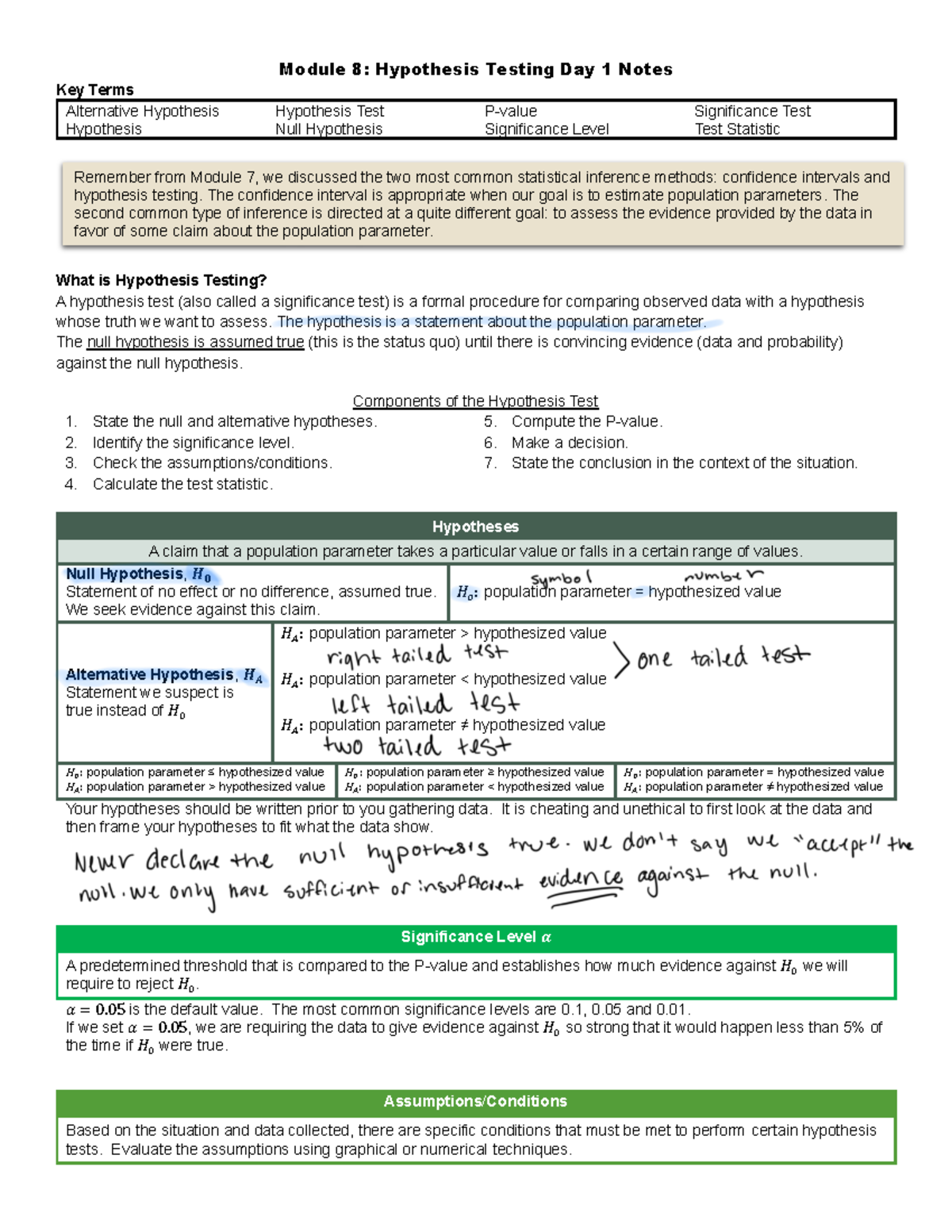M8D1 Notes 1 overview - Module 8: Hypothesis Testing Day 1 Notes Key ...