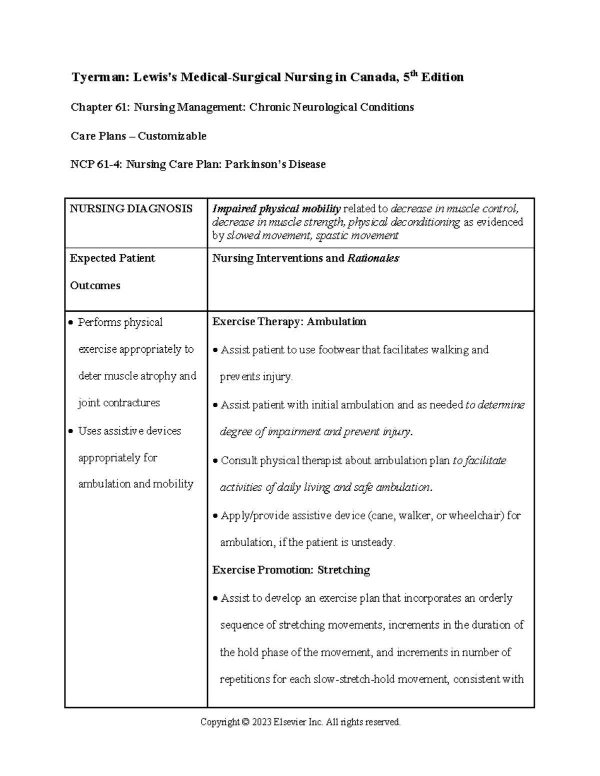 Parkinson's Disease- NCP - Tyerman: Lewis's Medical-Surgical Nursing in ...
