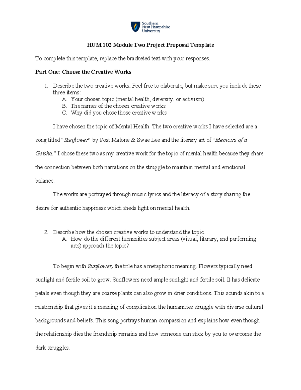 HUM 102 Module Two Project Proposal Template - Part One: Choose the ...
