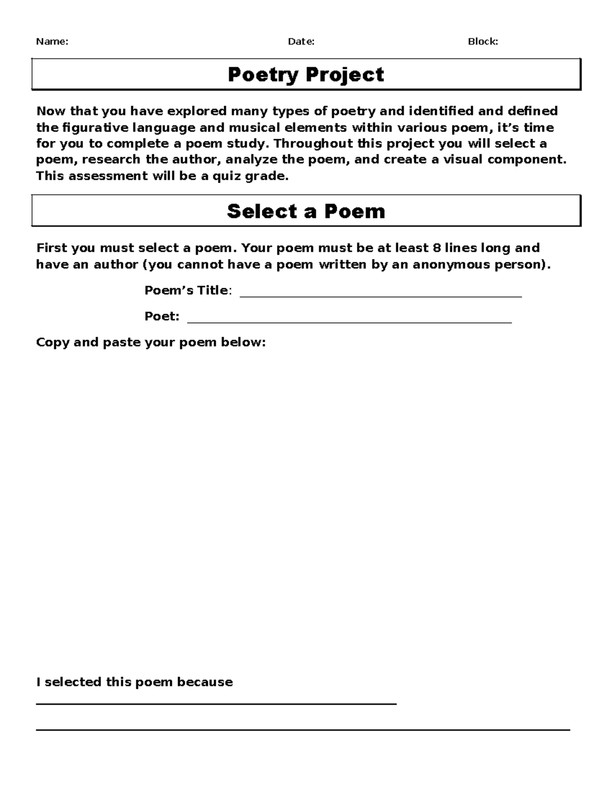 English 9 Poetry Project 2024-1 - Name: Date: Block: Poetry Project Now ...