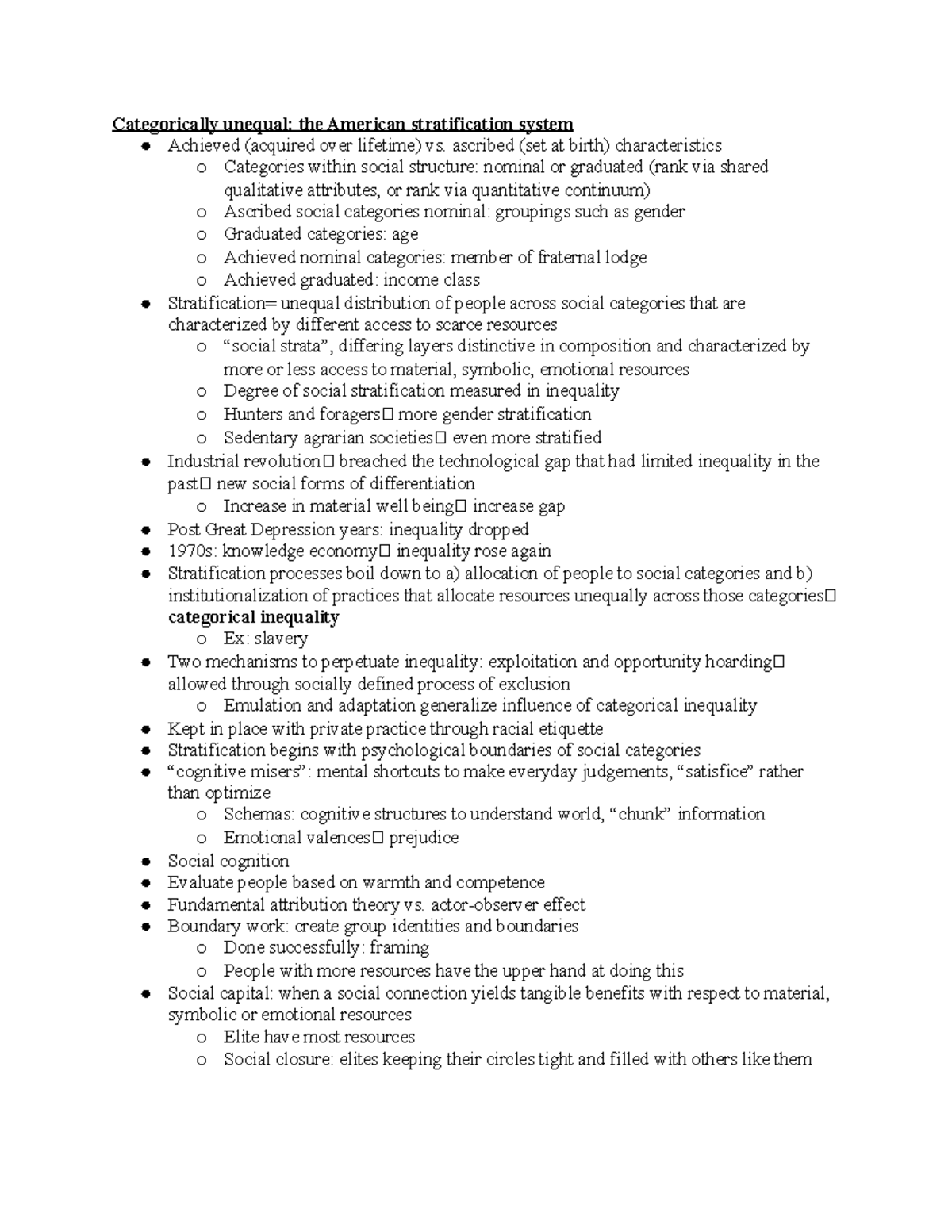 The American Stratification System notes - Categorically unequal: the ...