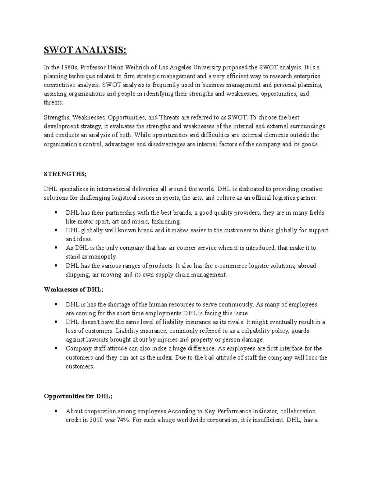 8 - lecture notes - SWOT ANALYSIS: In the 1980s, Professor Heinz ...