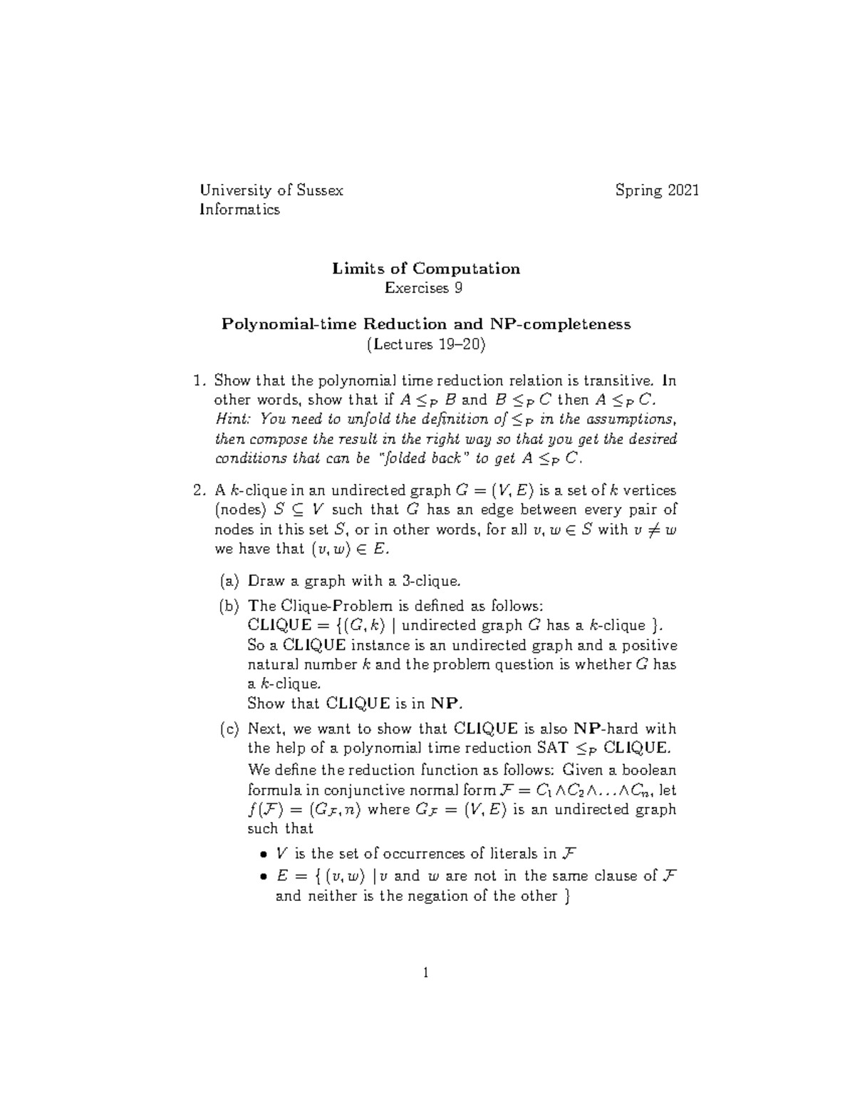 Polynomial-time Reduction and NP-completeness - Question Sheet ...