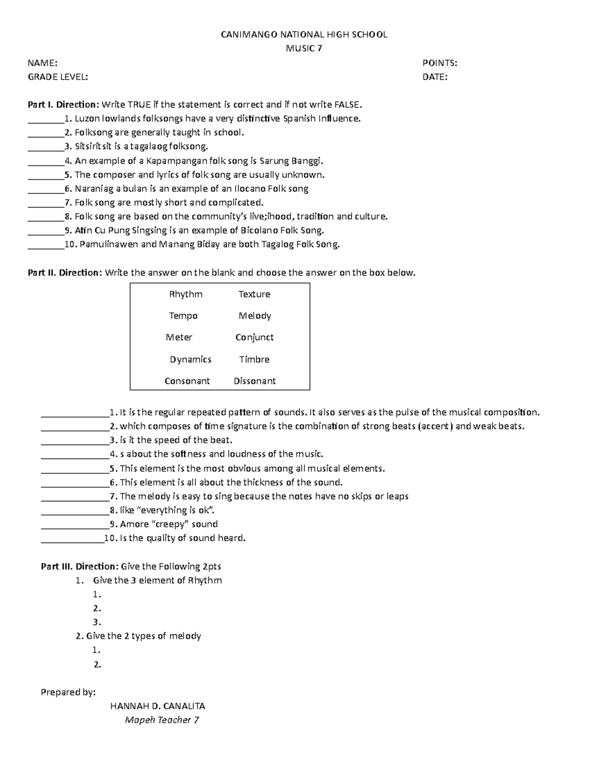 Lesson PLAN OF Mapeh Music OF Lowlands OF Luzon - CANIMANGO NATIONAL ...