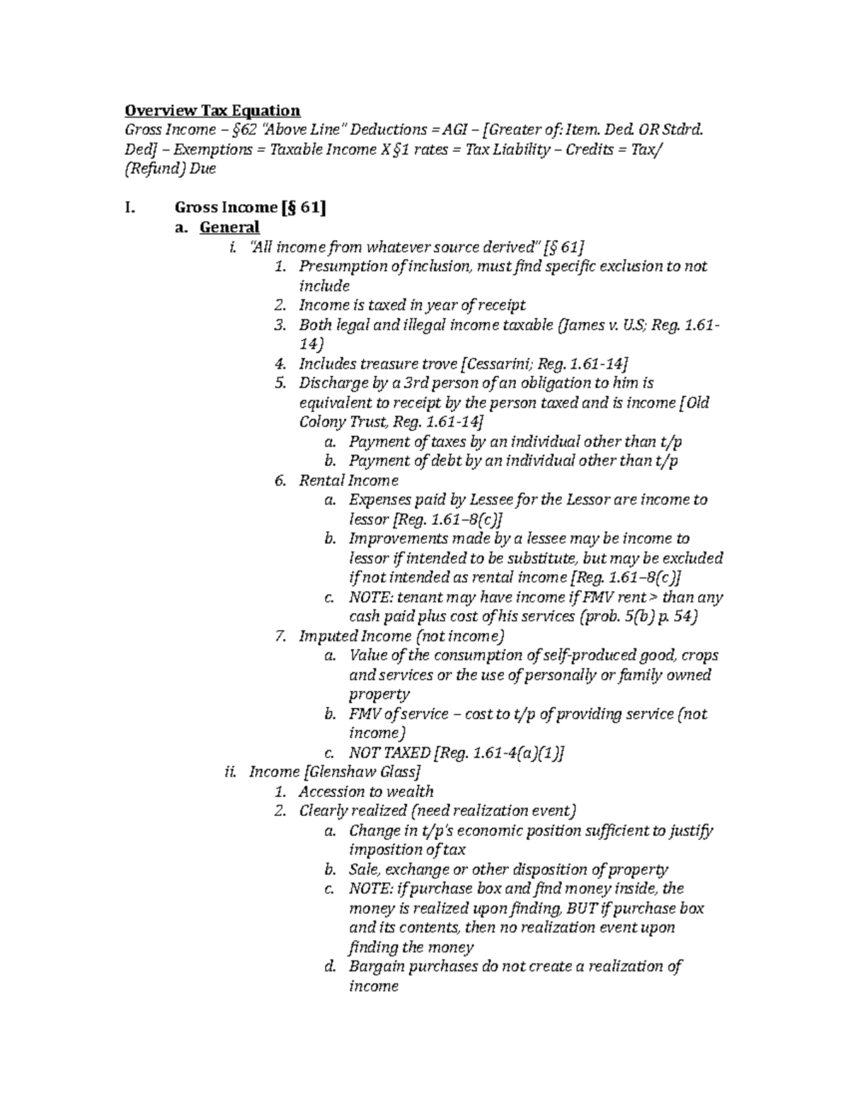 THE tax OL - Outline - Overview Tax Equation Gross Income – §62 “Above ...