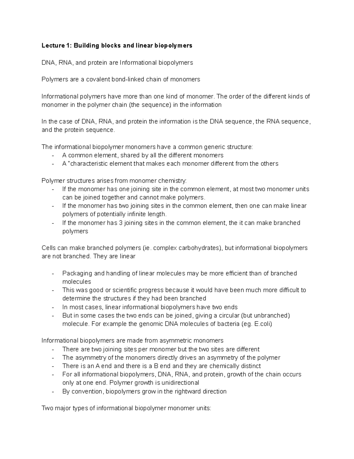 Lecture 1: Building blocks and linear biopolymers - Lecture 1: Building blocks and linear - Studocu