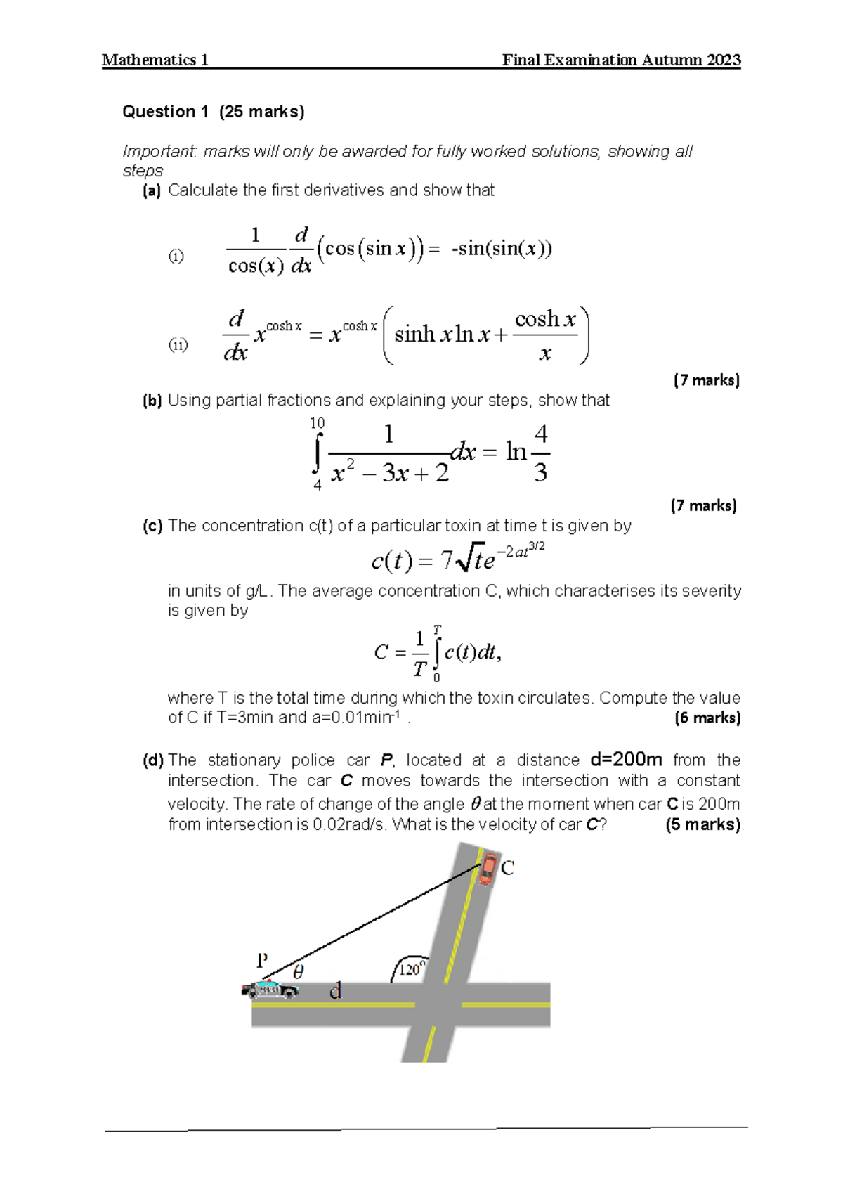 Q2 Ve C-1 - Mathematics 1 Final Examination Autumn 2023 Question 1 (25 ...