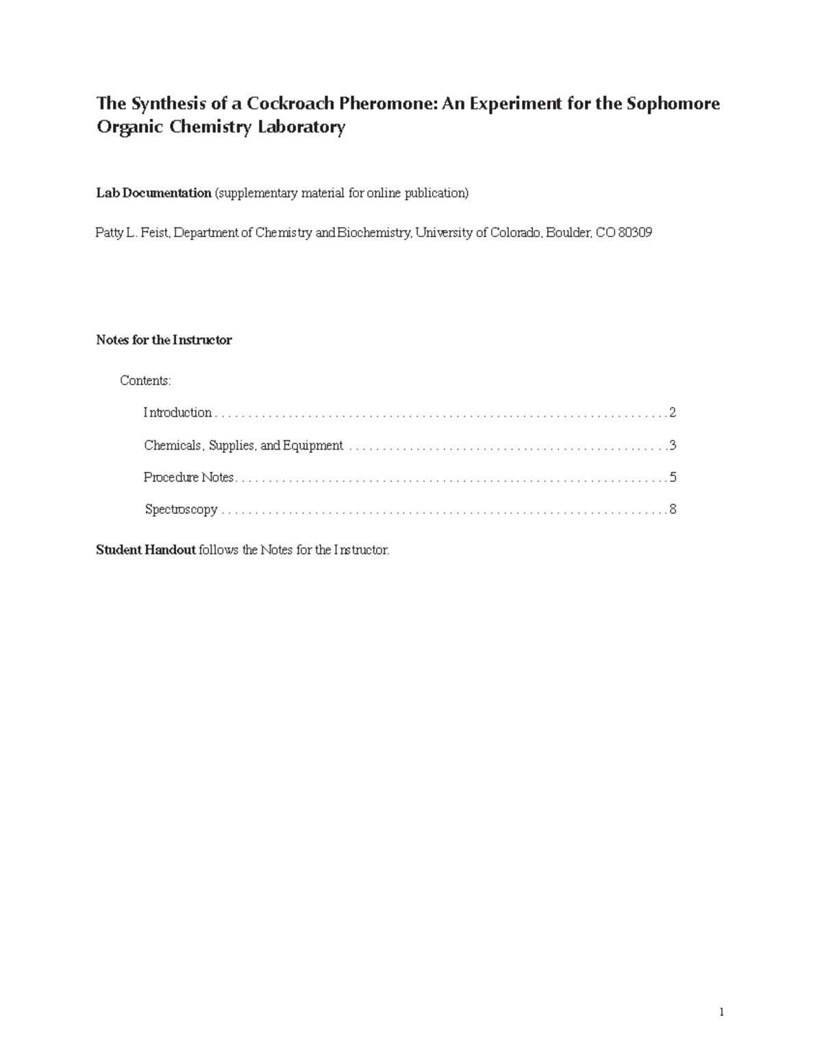 Chem 166 Exp 4 Supporting Info - The Synthesis of a Cockroach Pheromone ...