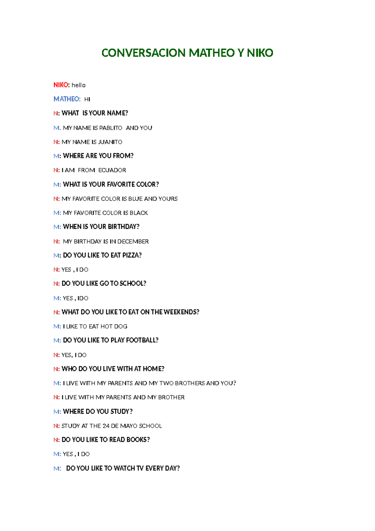 Conversacion Matheo Y NIKO - CONVERSACION MATHEO Y NIKO NIKO: hello ...