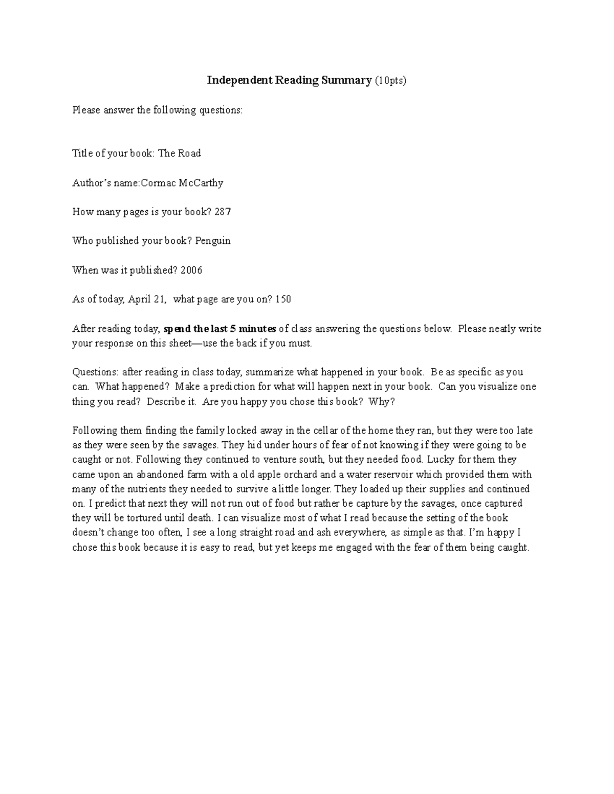 #8 IRA Information and Questions - Independent Reading Summary (10pts ...