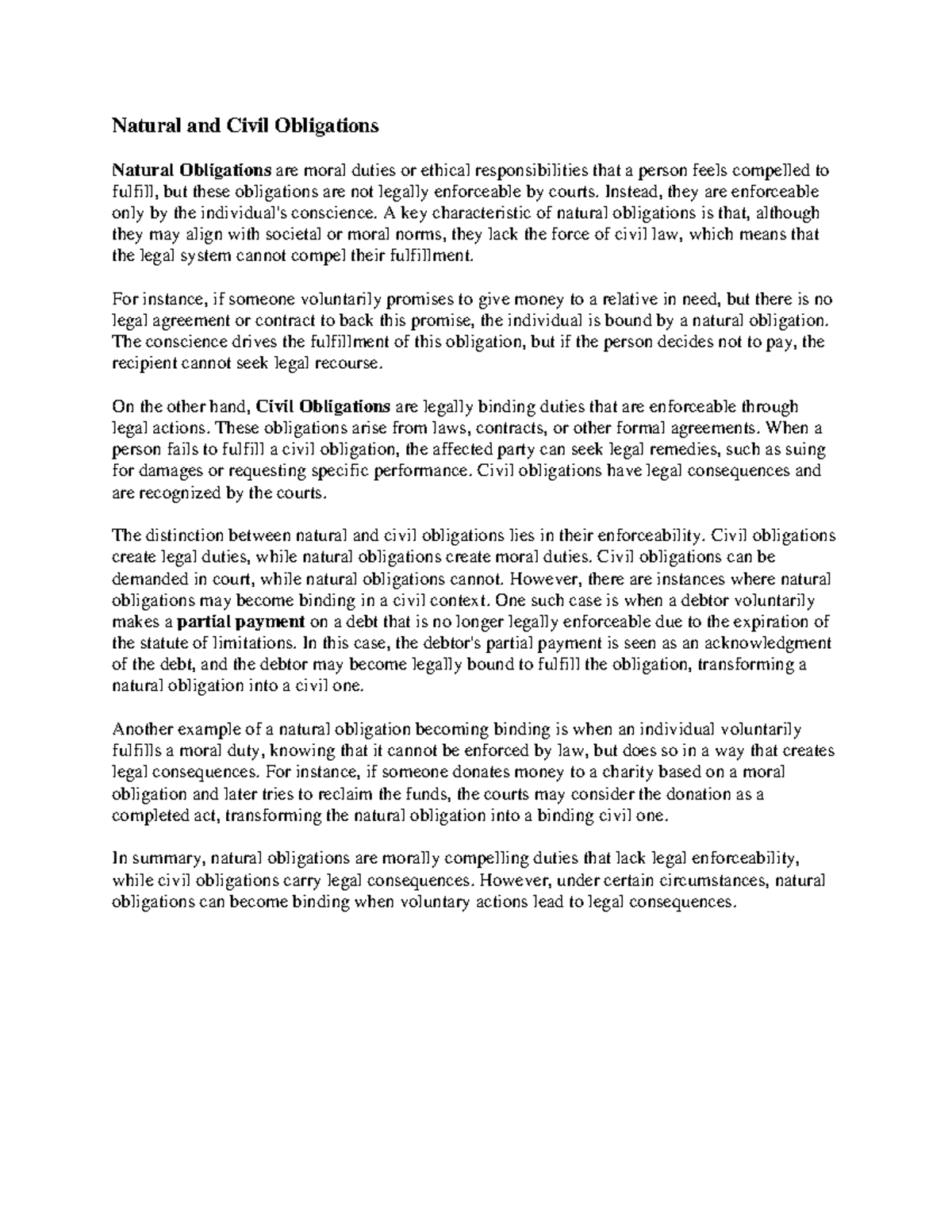 The distinction between natural and civil obligations lies in their ...