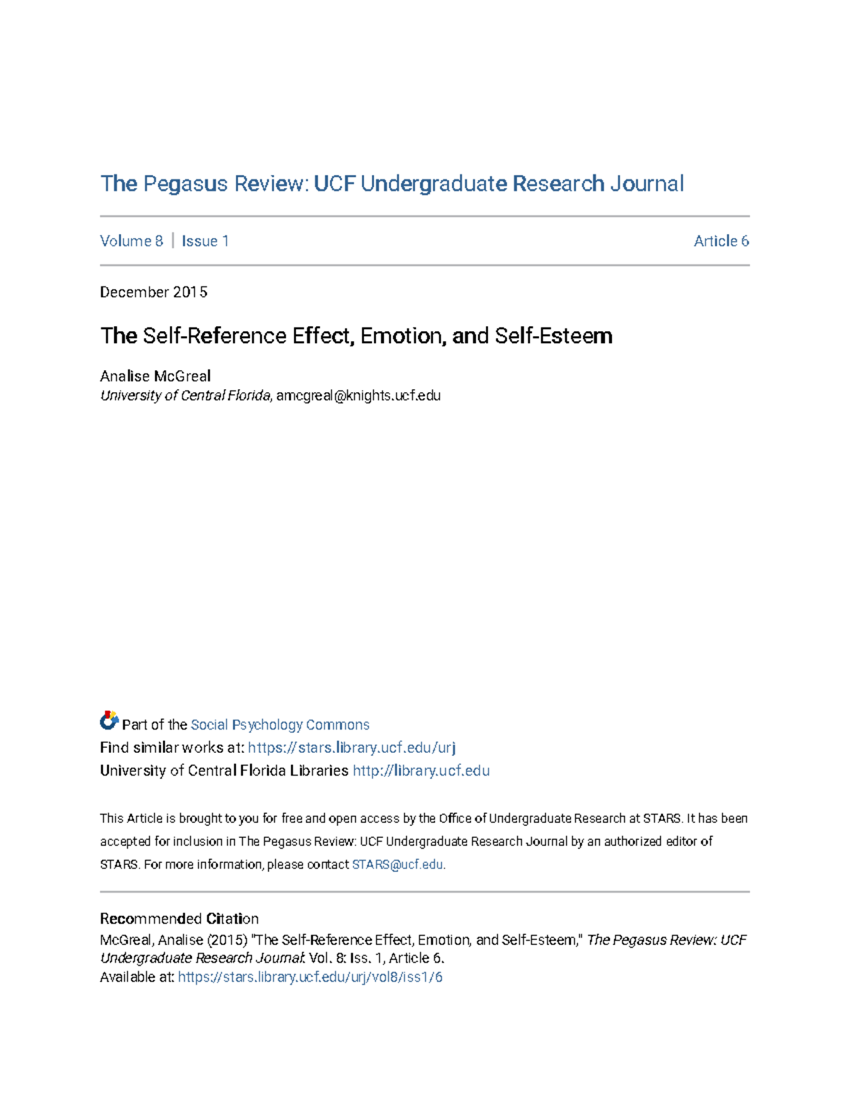 The Self-Reference Effect Emotion and Self-Esteem - ucf Part of the ...