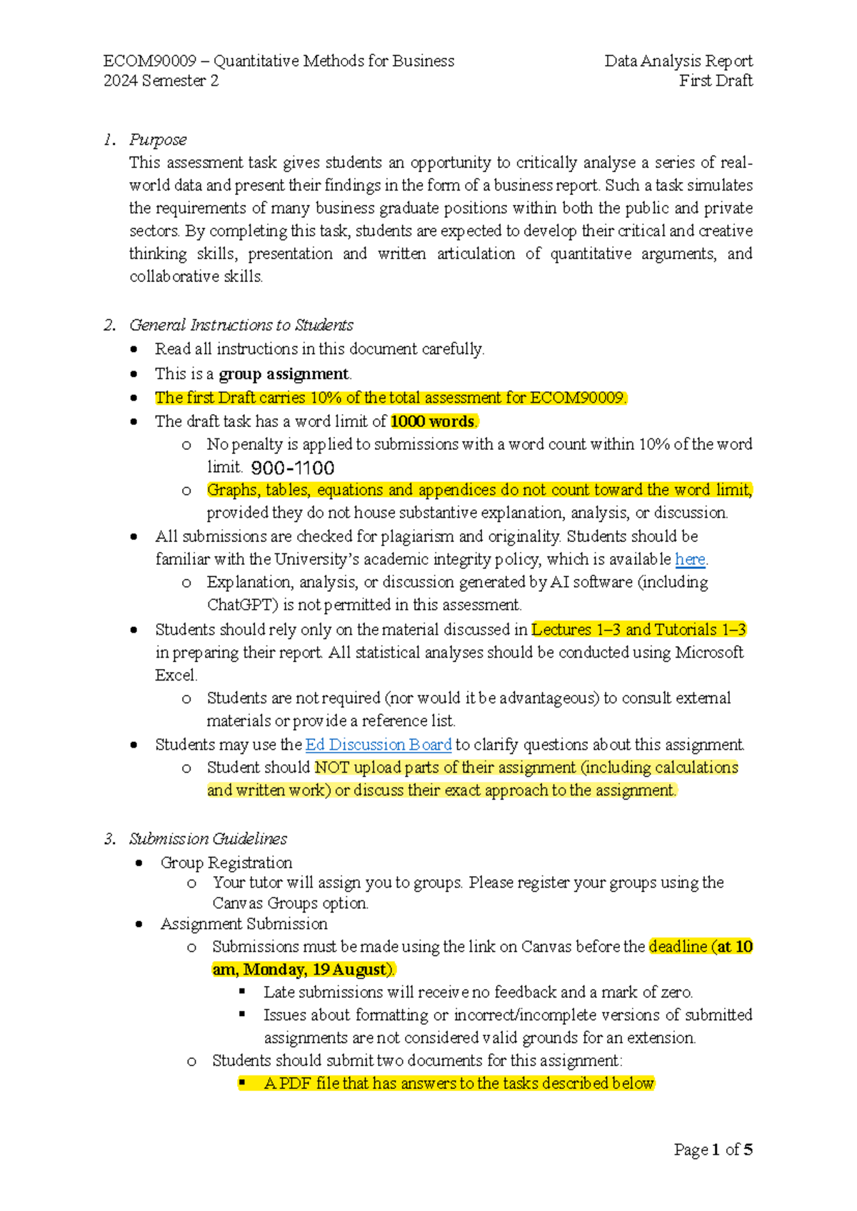 Draft 1 - the first assignment - 2024 Semester 2 First Draft Purpose This assessment task gives ...