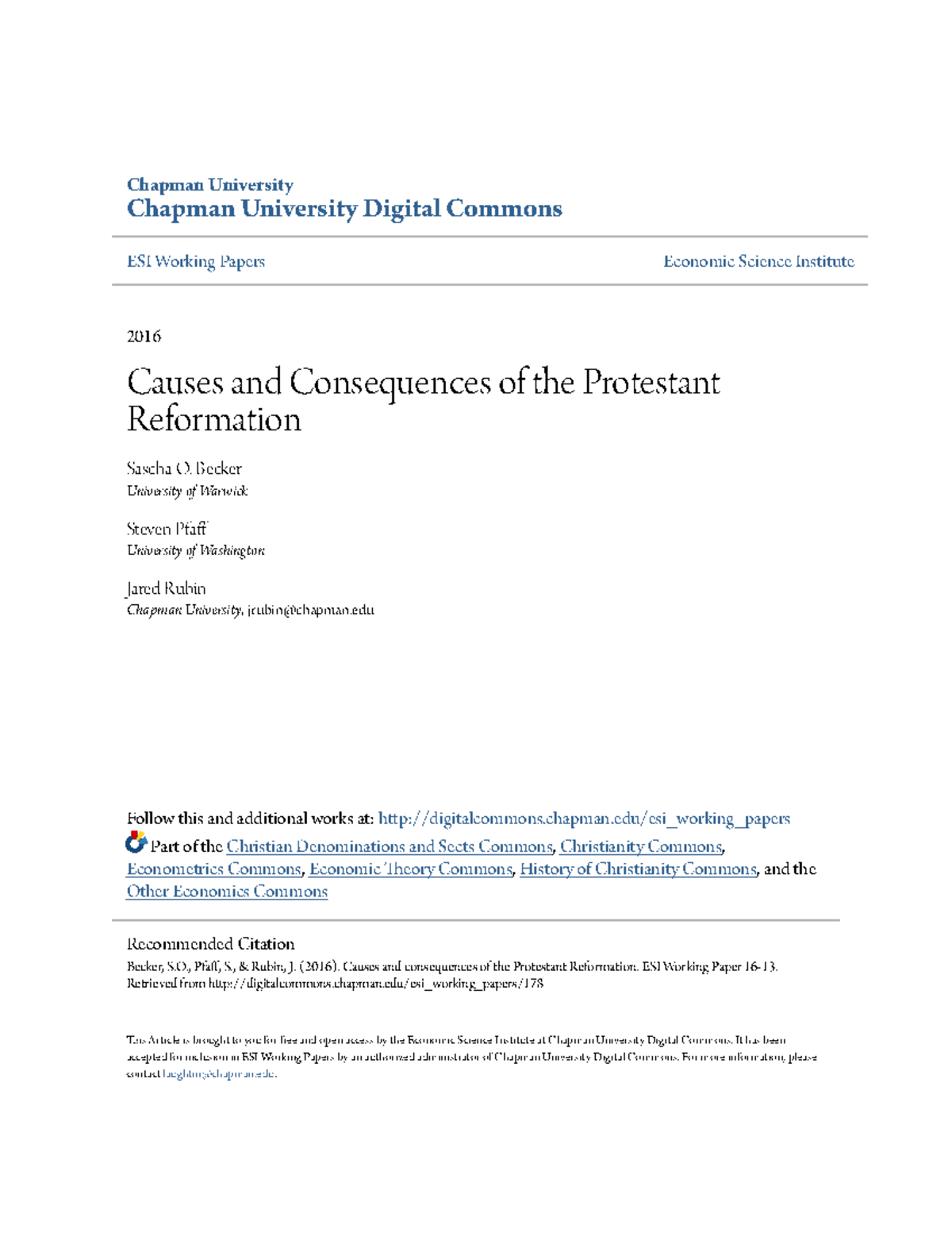 Causes and Consequences of the Protestant Reformation - Chapman ...