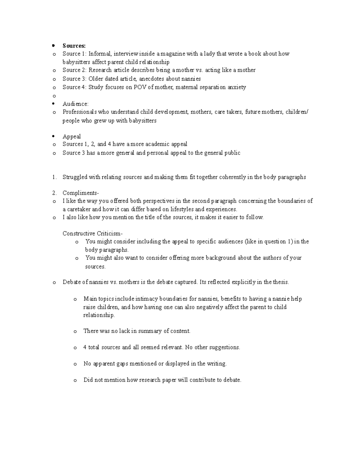 Lit Review Peer Edit - essay - Sources: o Source 1: Informal, interview ...